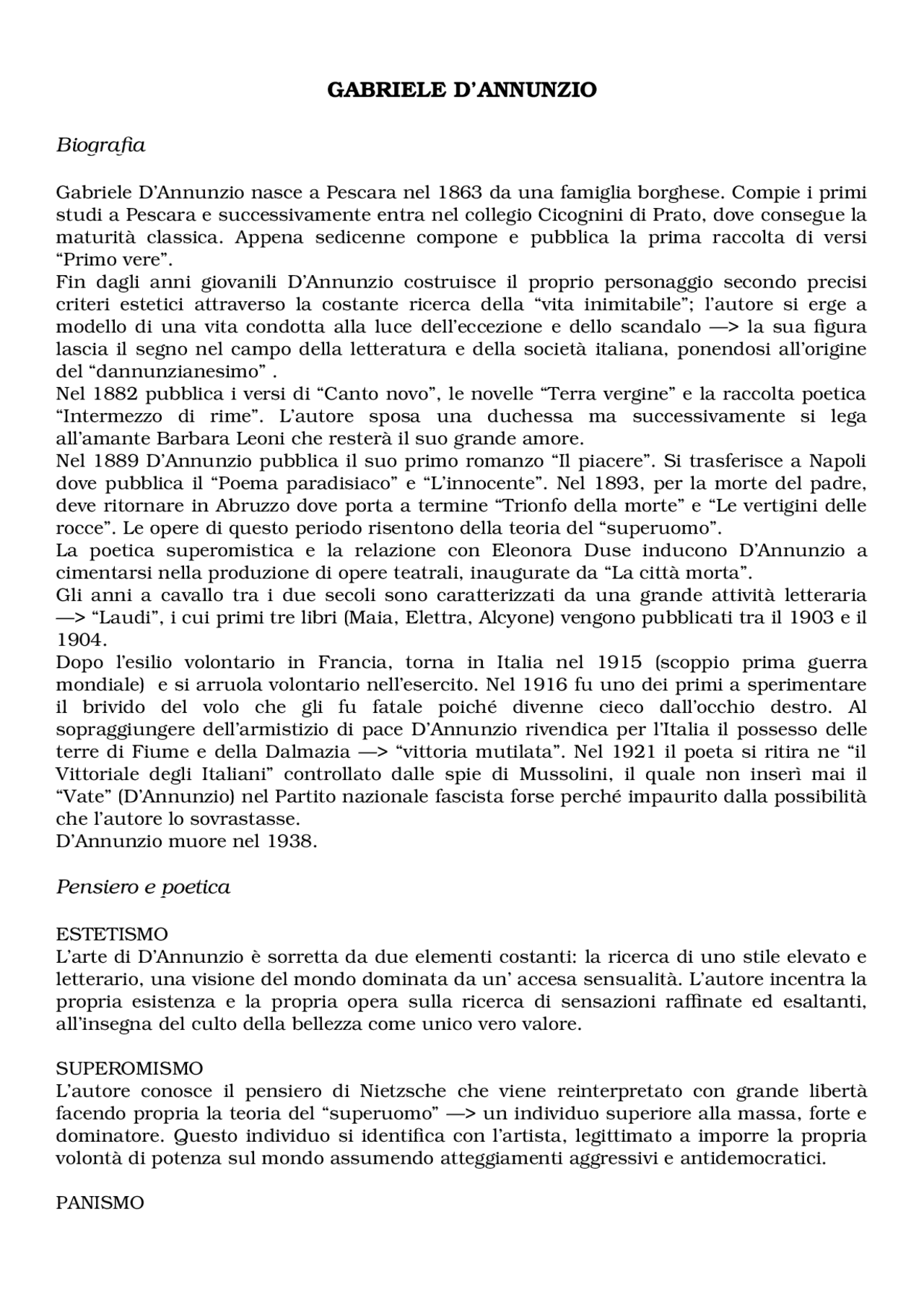 Gabriele Dannunzio Riassunto Docsity