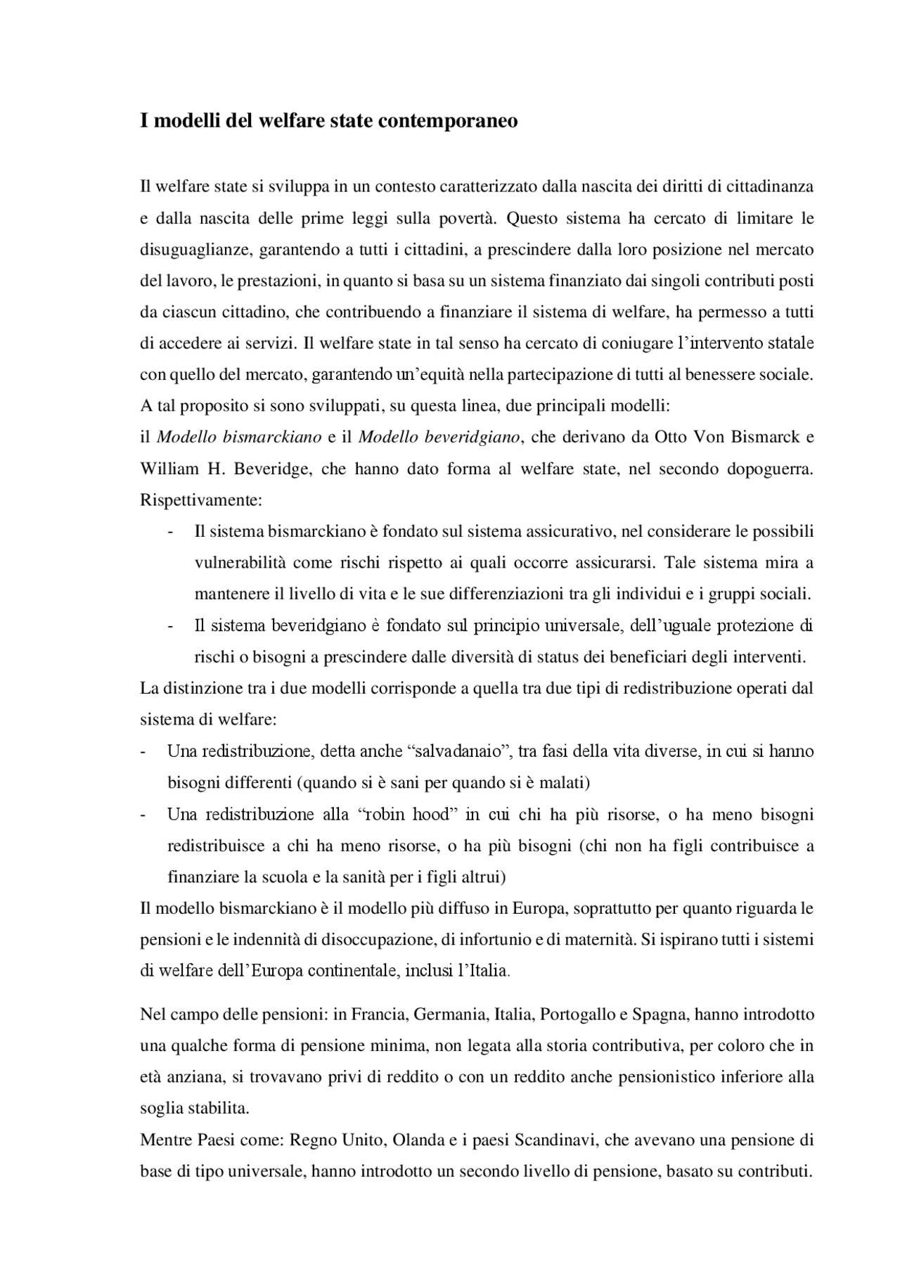 I Modelli Del Welfare State Contemporaneo Docsity