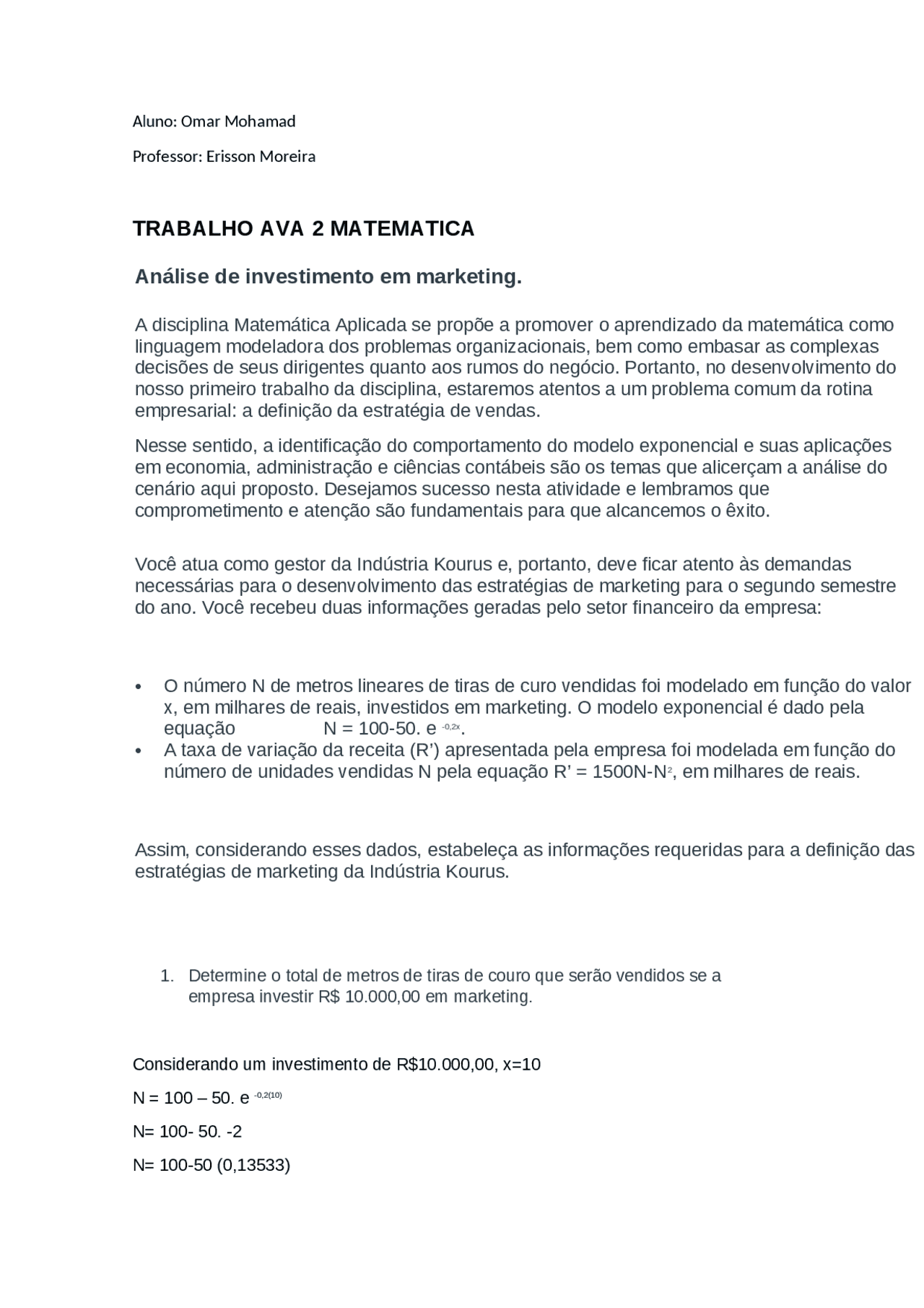 Ava 2 Matemática Aplicada Provas Matemática Aplicada Docsity