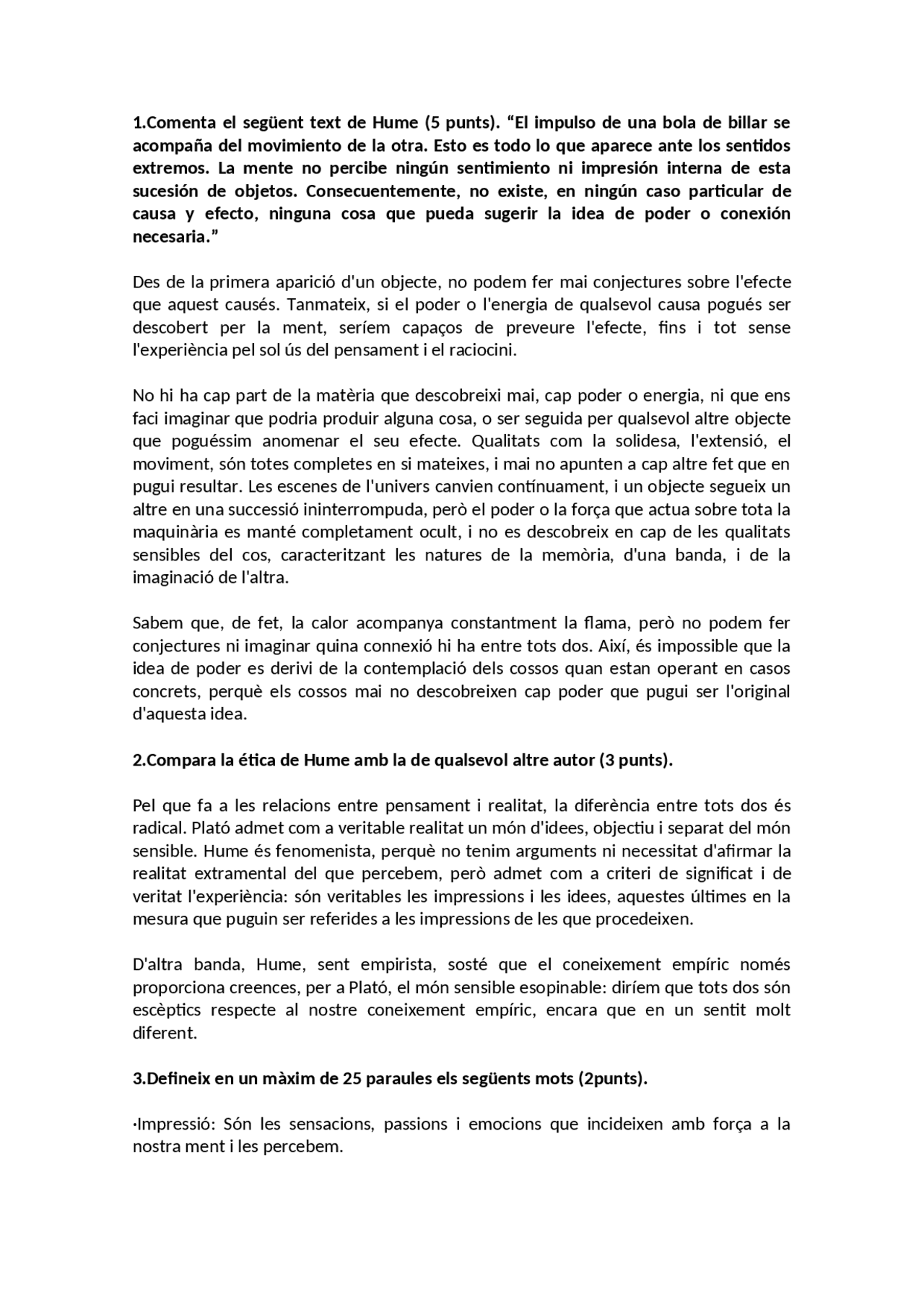 Hume Examen 2a Batxillerat Docsity
