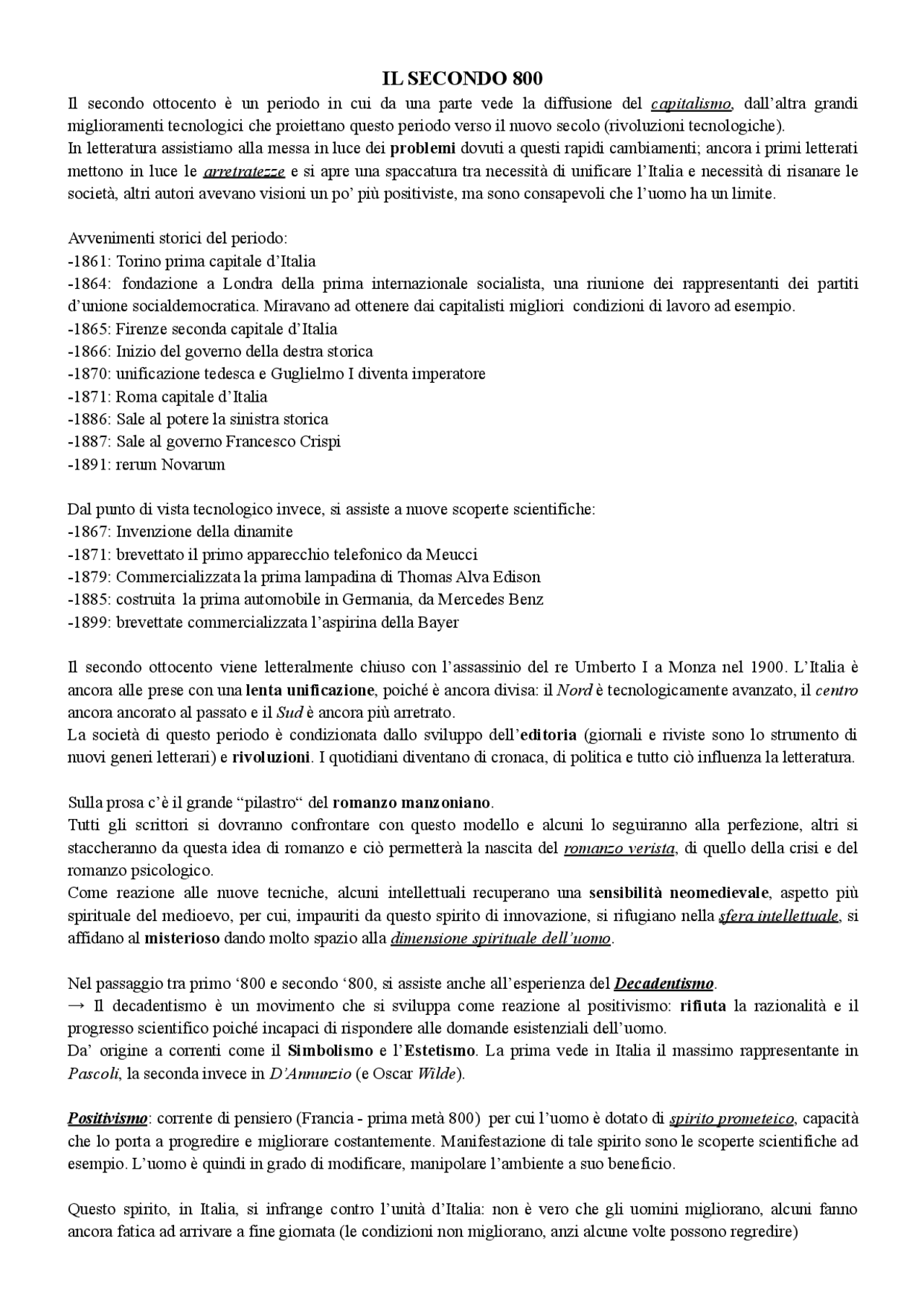 Il Secondo 800 e Il Verismo - Docsity