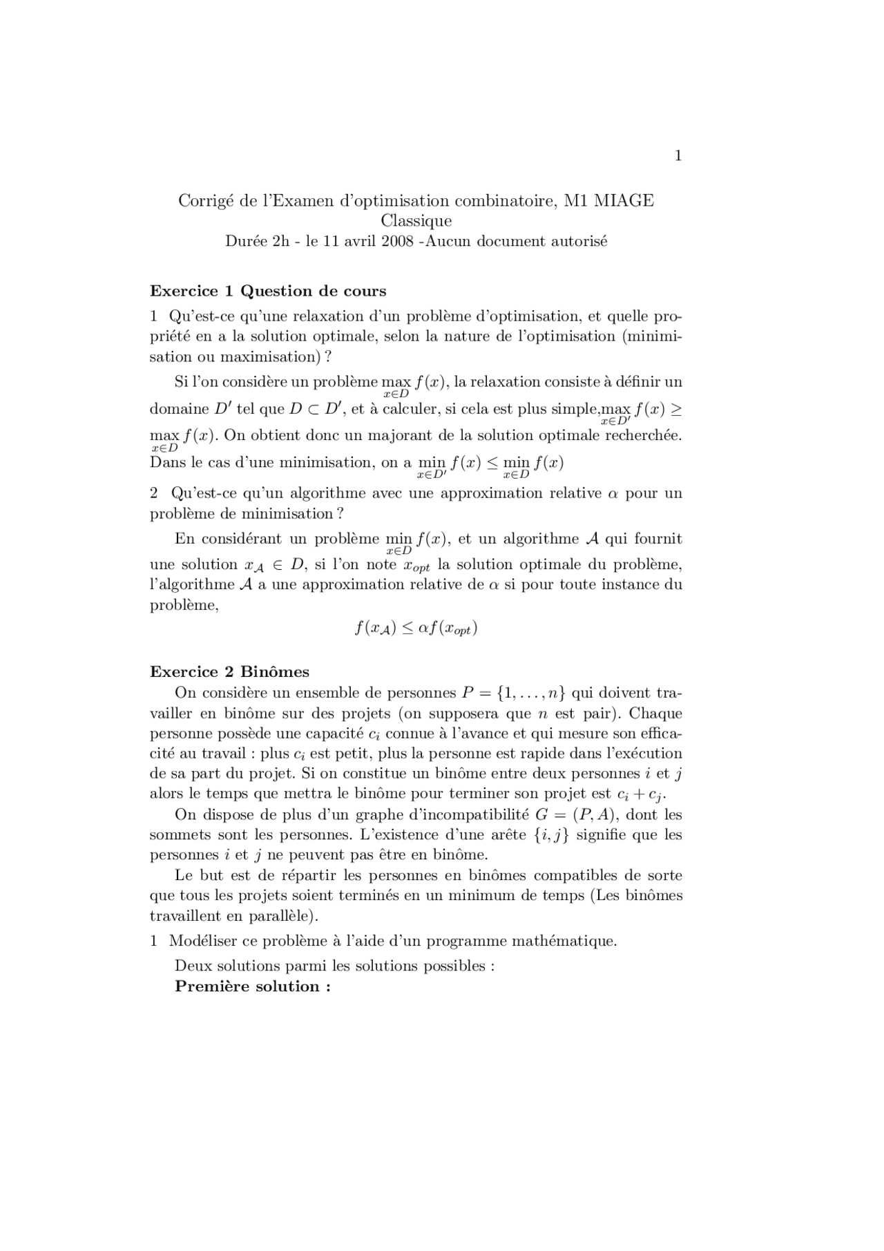 Examen Corriger Optimisation Combinatoire 2008 Docsity