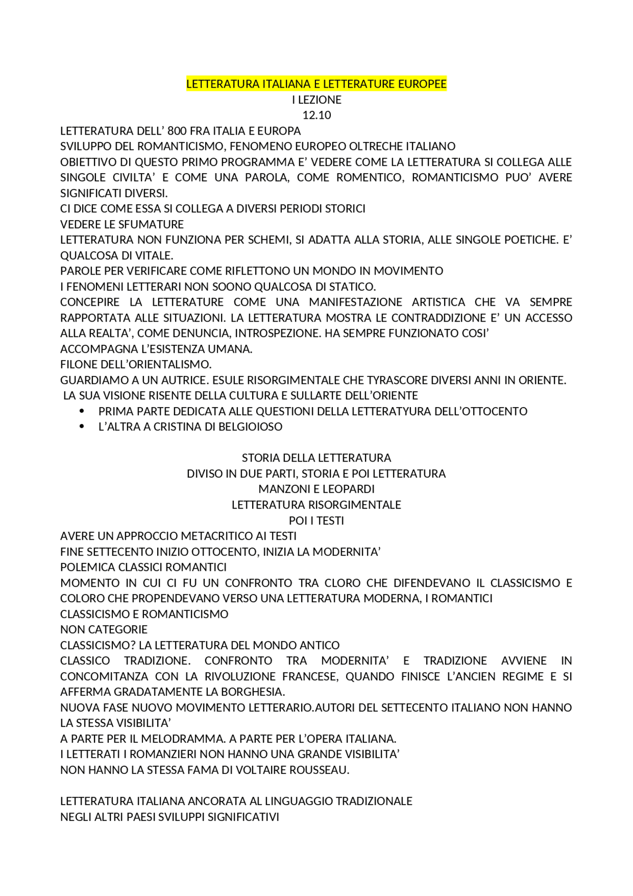 Lezioni del corso di Letterature Italiane ed Europee - Docsity