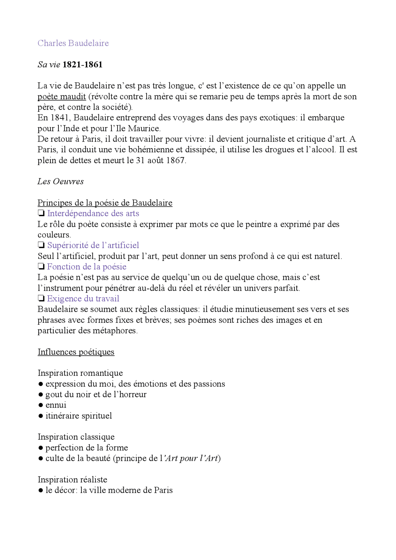 Charles Baudelaire Opere E Appunti Appunti Di Francese Docsity