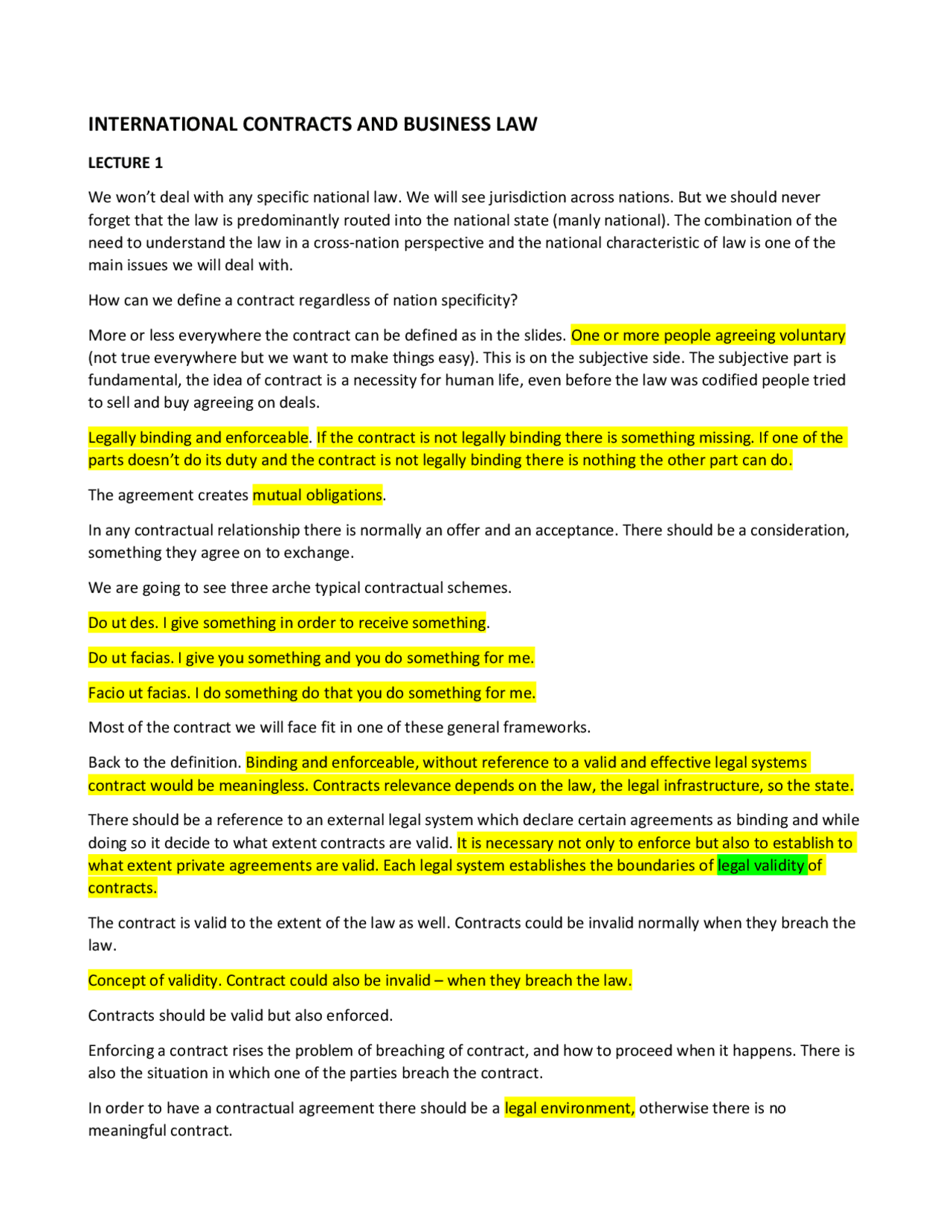 ENTIRE COURSE International contracts and business law - Docsity