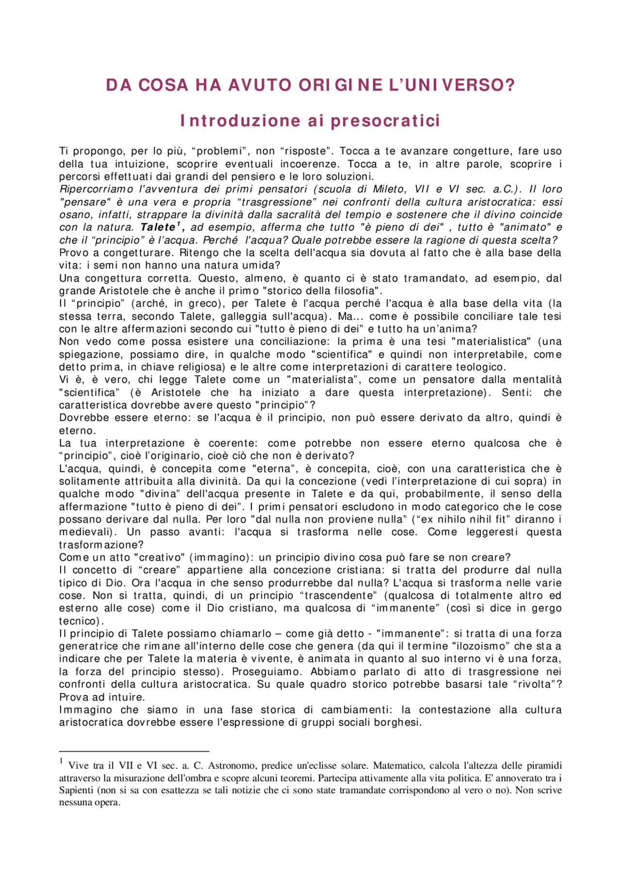 Presocratici Introduzione E Principi Appunti Di Filosofia Docsity