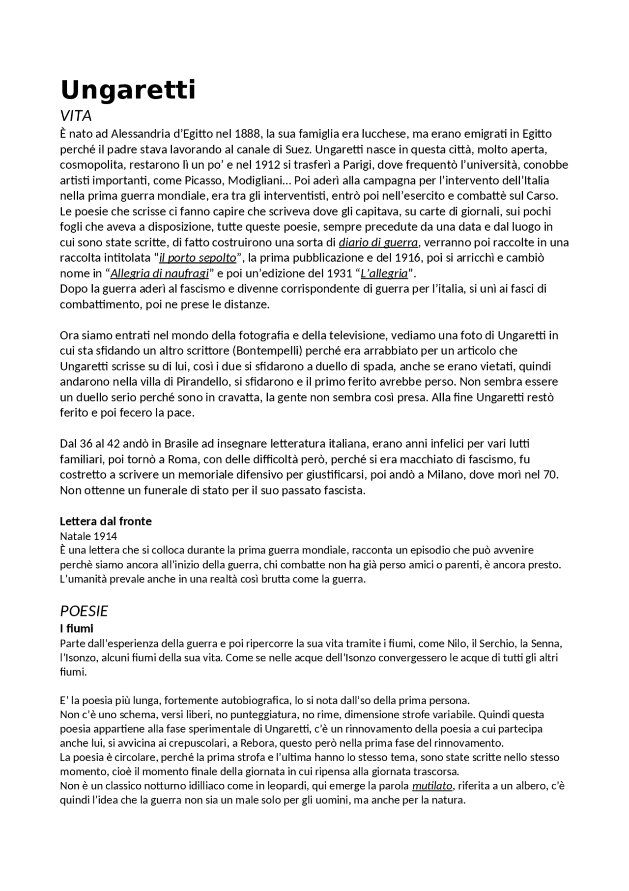 Ungaretti Vita E Alcune Opere Docsity