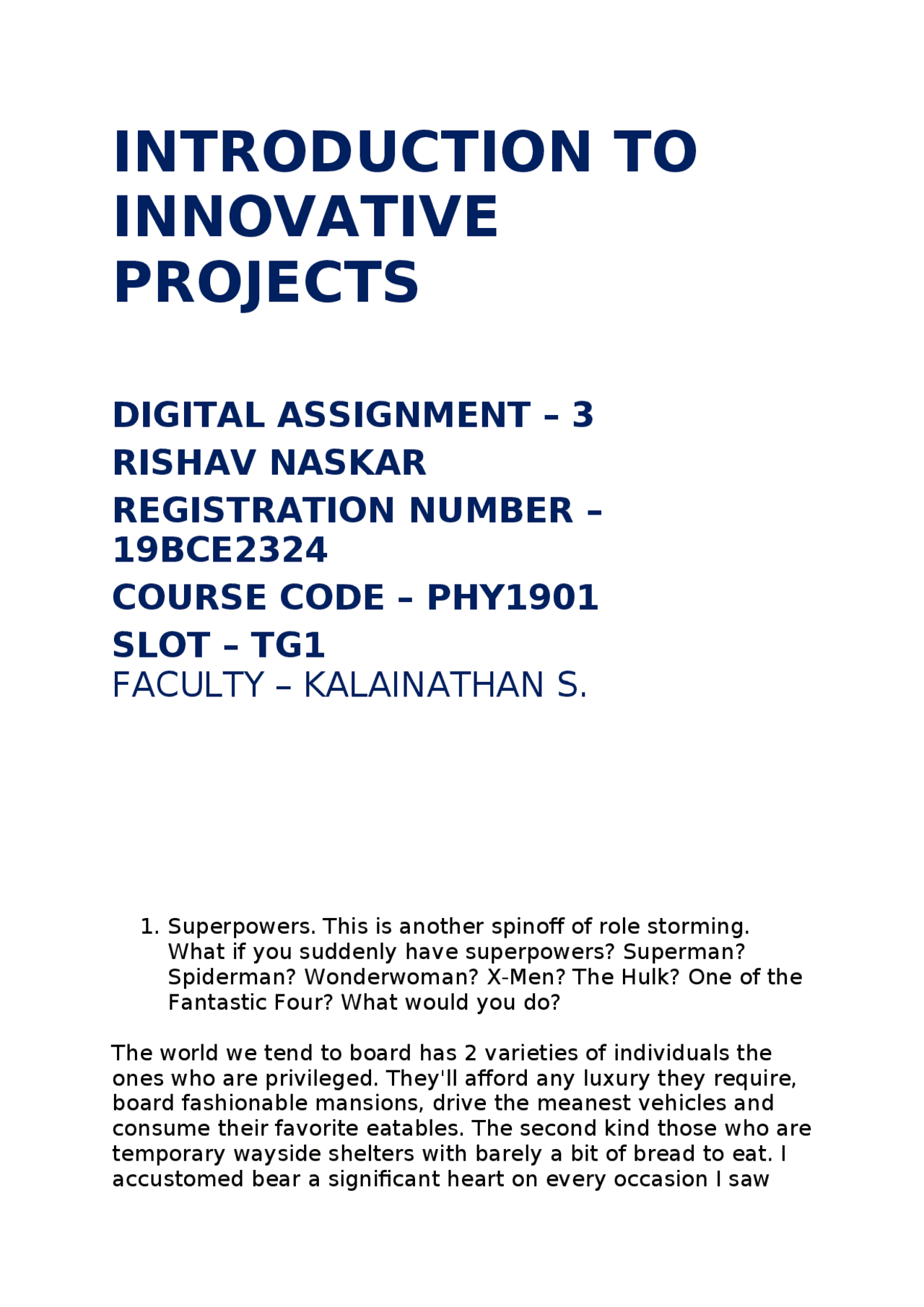 INTRODUCTION TO INNOVATIVE PROJECTS Digital Assignment 3 - Docsity