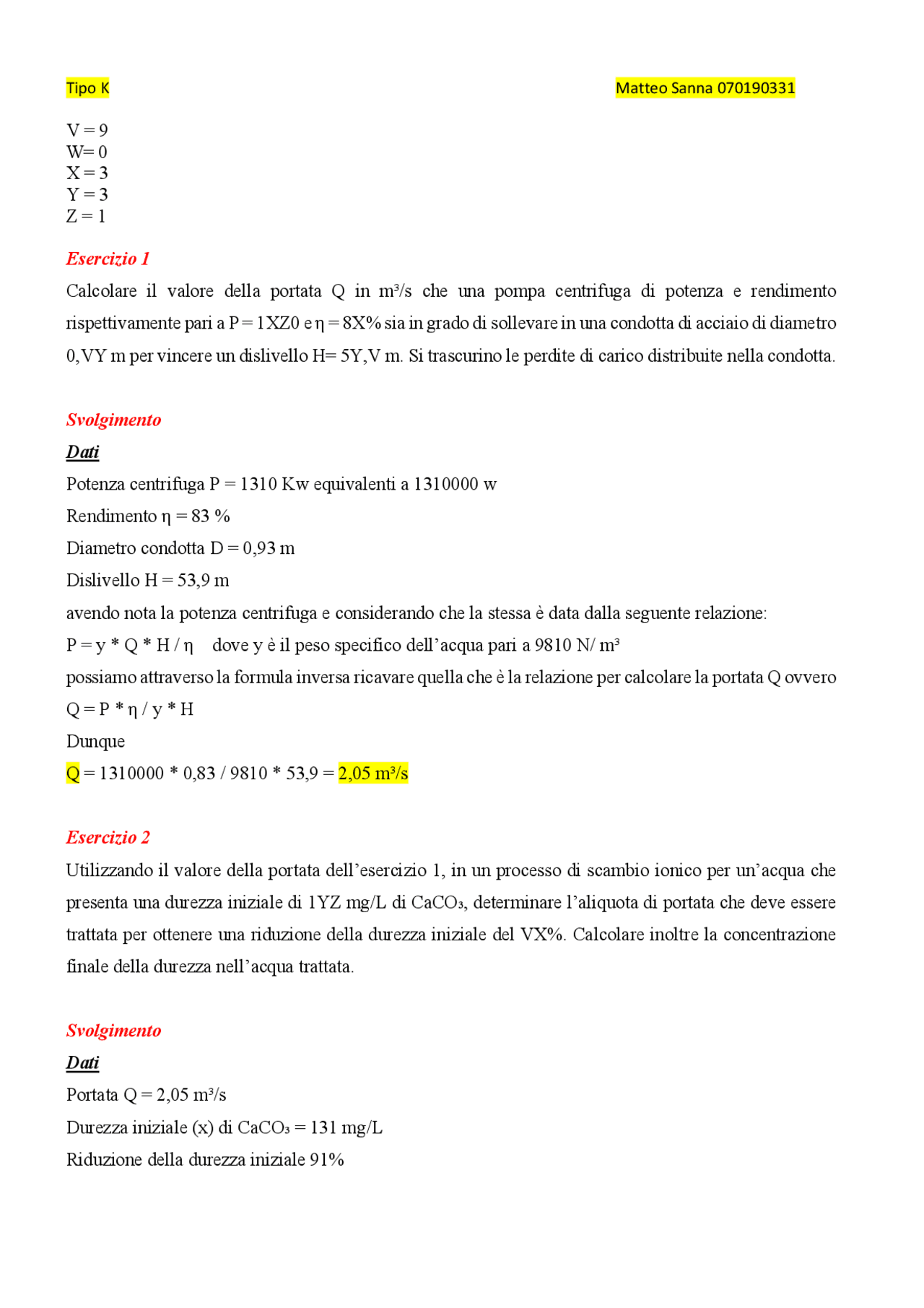Ingegneria Ambientale Elaborato 2 Tipo K Prove Desame Di Ingegneria