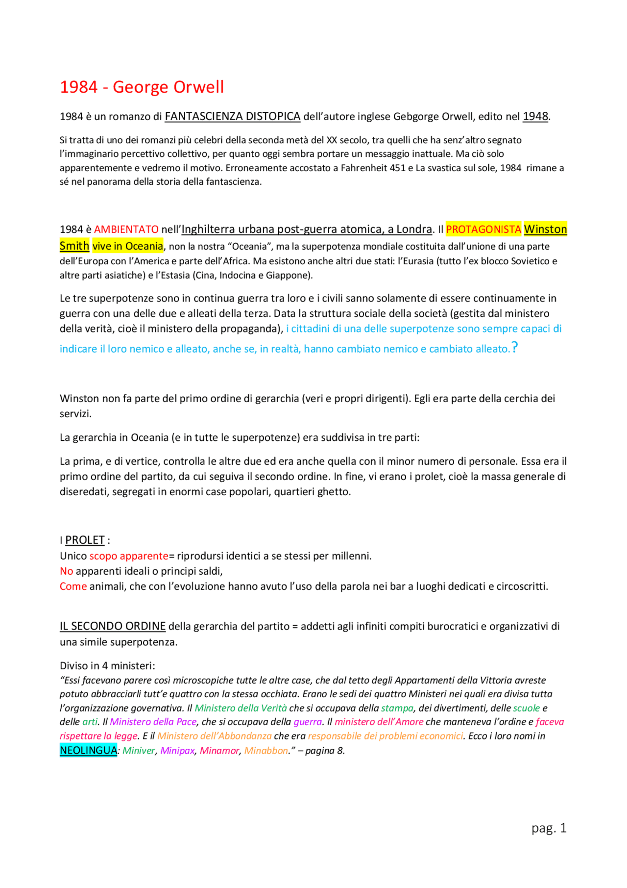 1984 - George Orwell | Appunti di Inglese - Docsity