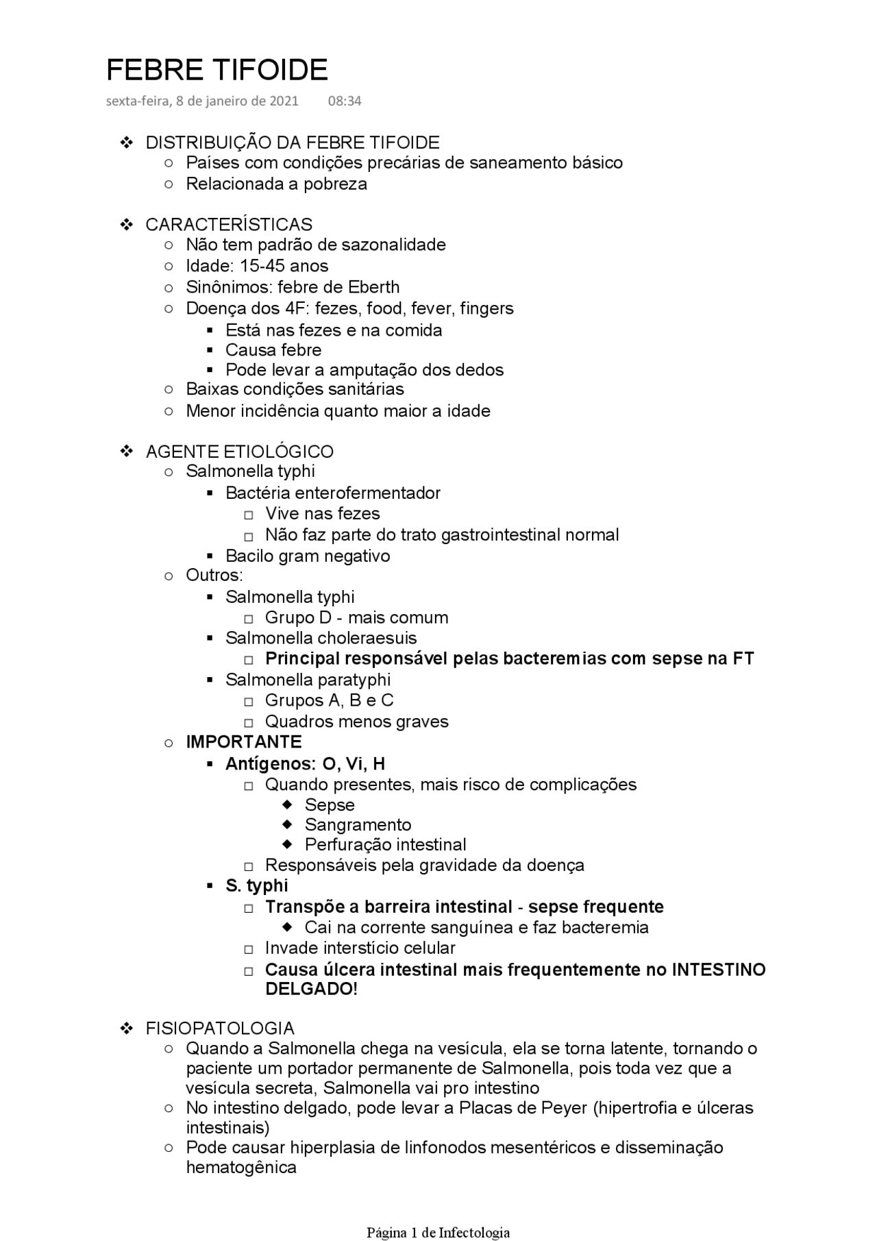 Febre Tifoide - Infectologia - Docsity