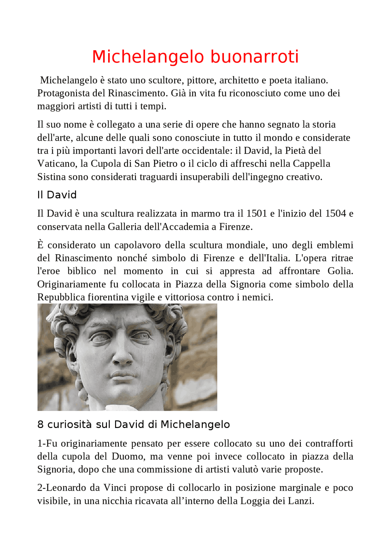 Vita di Michelangelo Buonarroti - Docsity