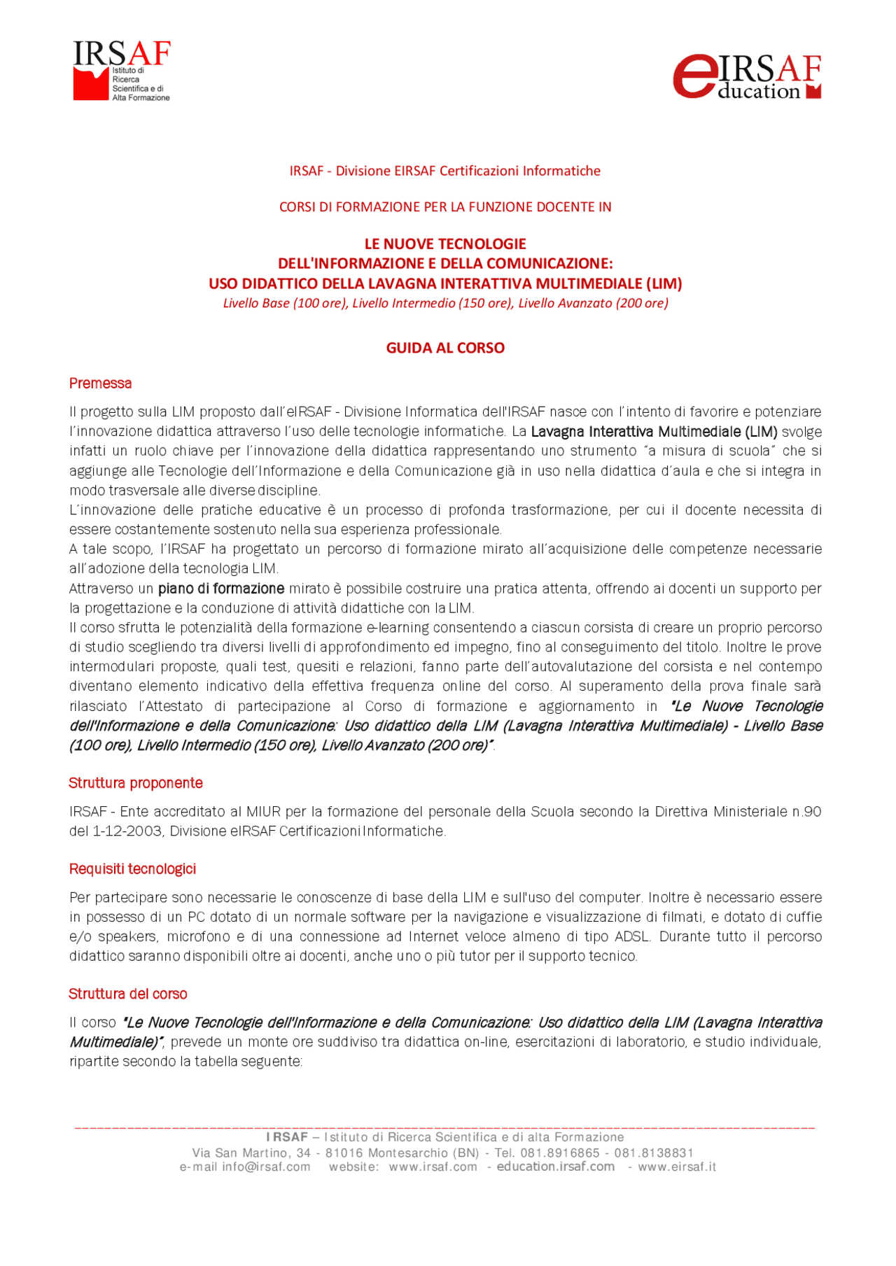 CORSO LIM , PRESENTAZIONE DETTAGLIATA DEL CORSO - Docsity
