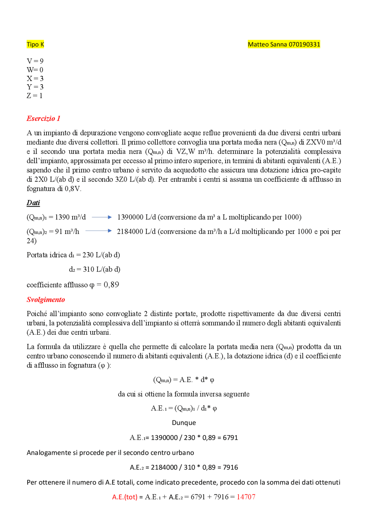 Ingegneria Ambientale Elaborato 3 Tipo K Prove Desame Di Ingegneria