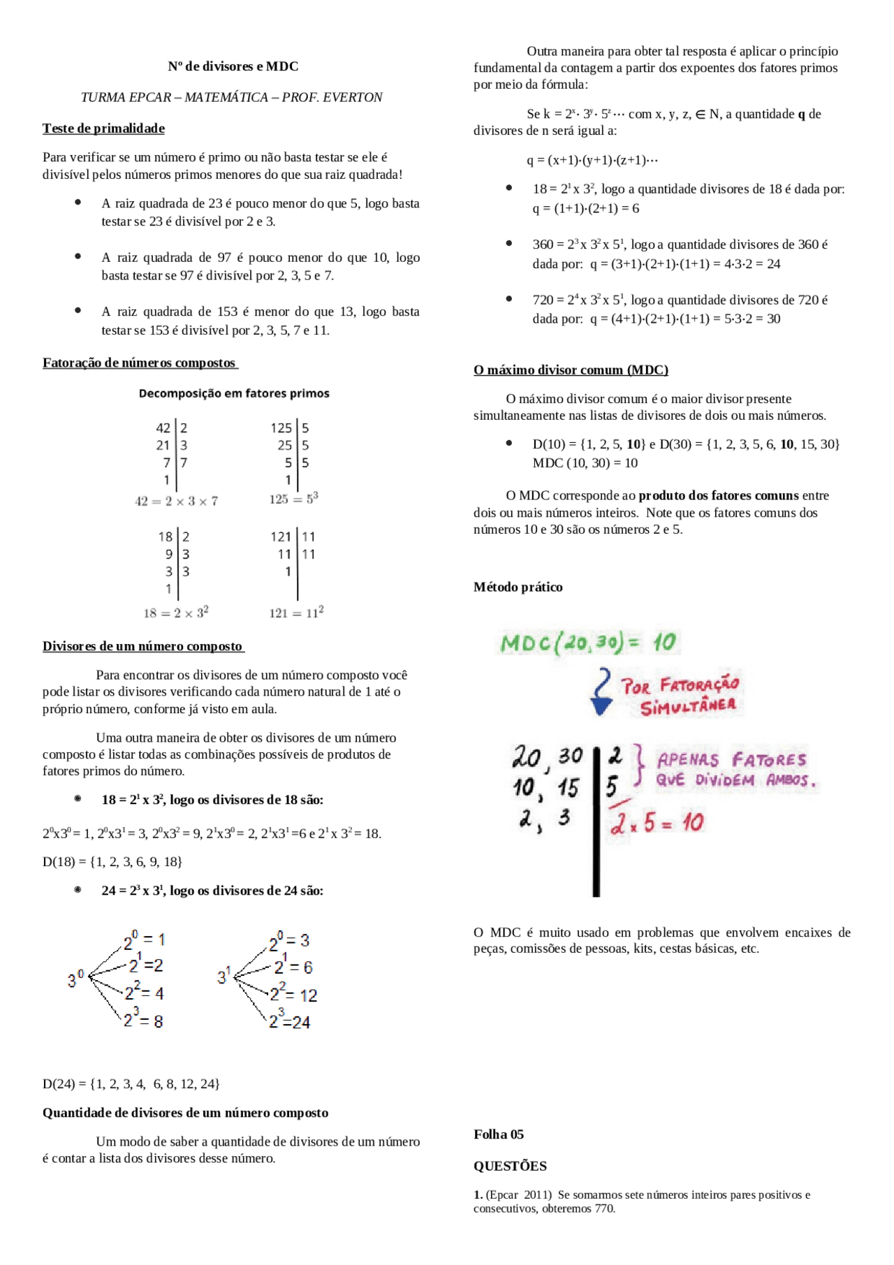 Lista Divisores E Mdc Epcar Exercícios Matemática Docsity