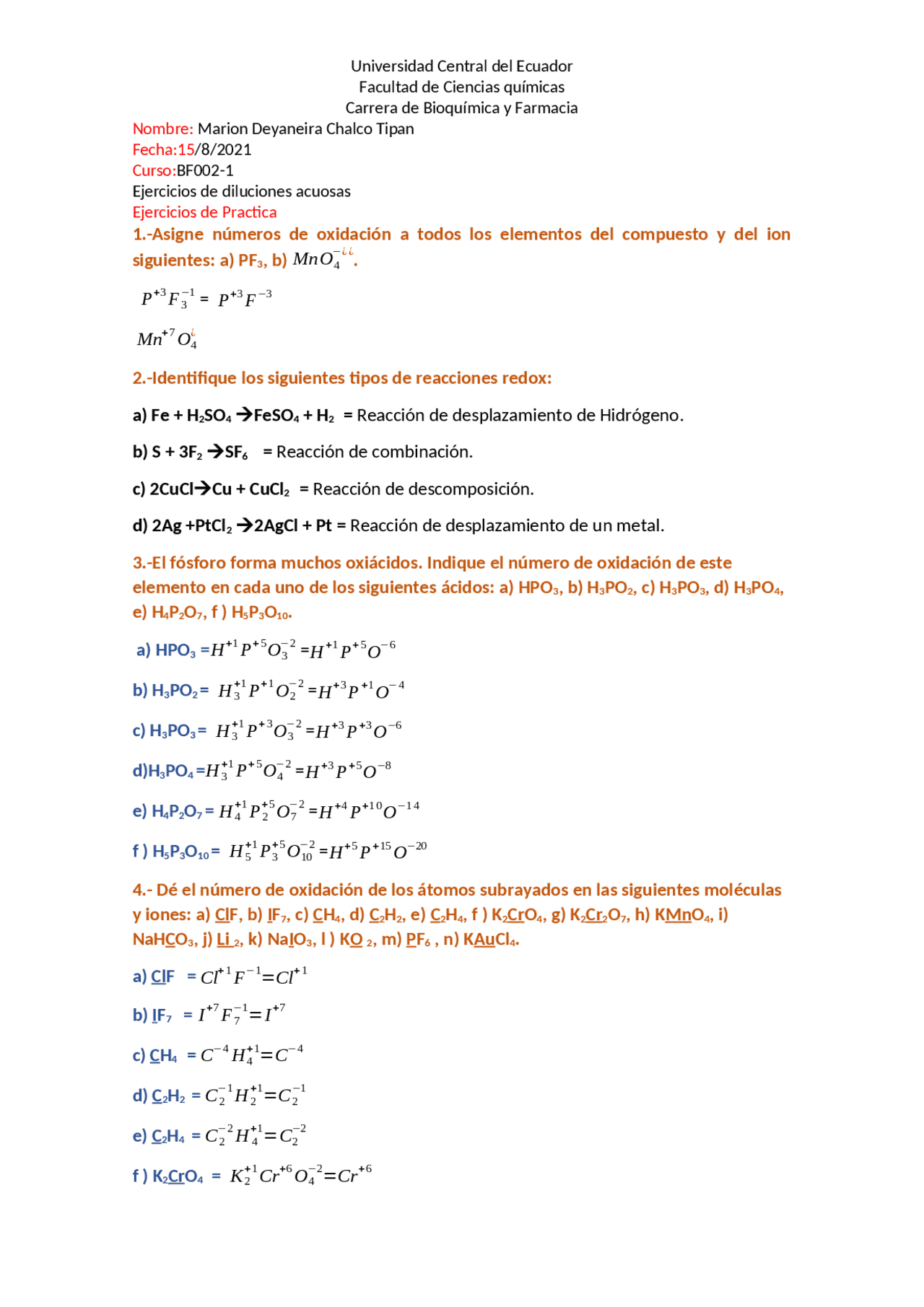 Ejercicios de química acerca de oxido reducción - Docsity