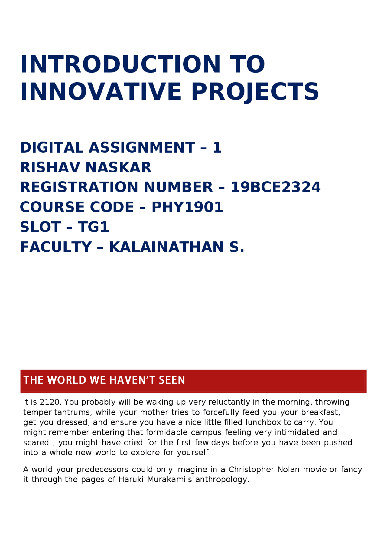 INTRODUCTION TO INNOVATIVE PROJECTS DIGITAL ASSIGNMENT – 1 - Docsity