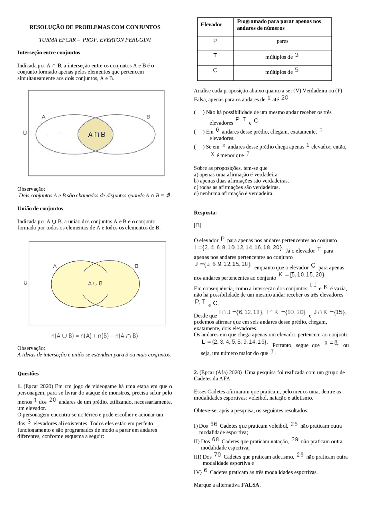 Problemas De Conjuntos 2 Epcar Exercícios Matemática Docsity