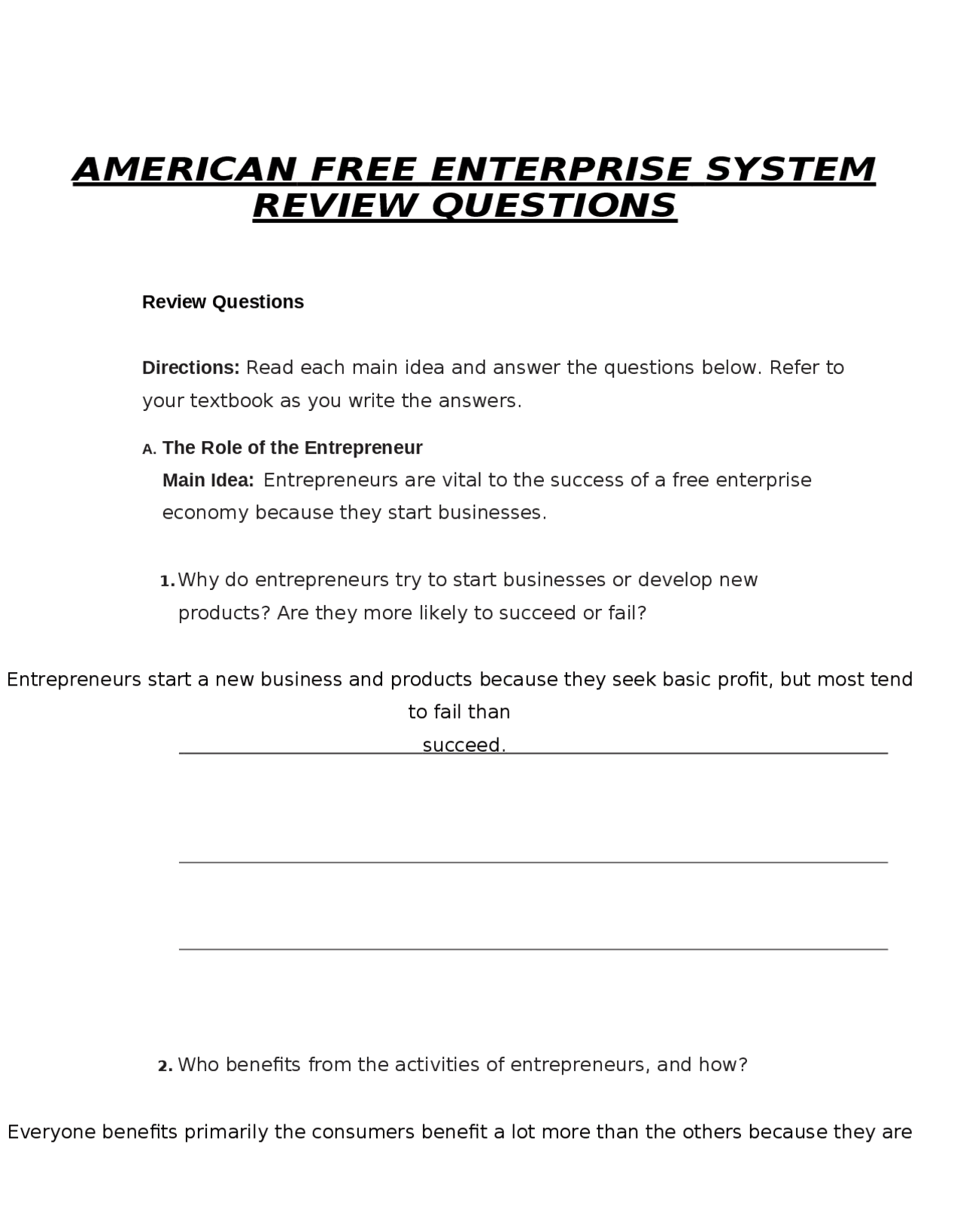 AMERICAN FREE ENTERPRISE SYSTEM REVIEW QUESTIONS - Docsity