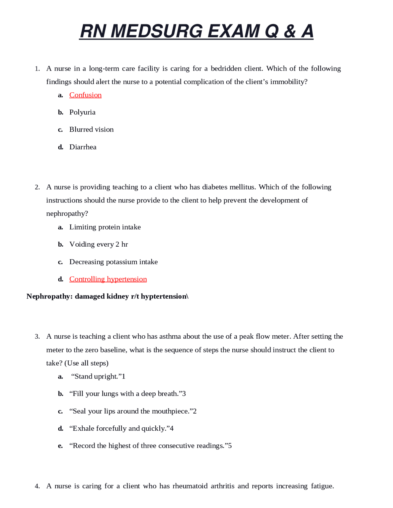 Rn Medsurg Exam Q And Answers Docsity