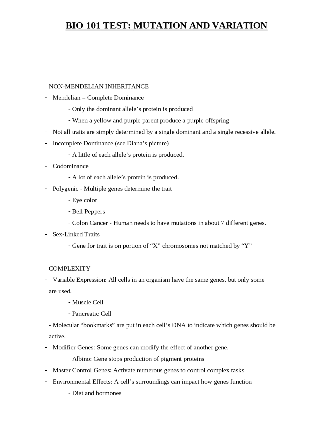 BIO 101 TEST: MUTATION AND VARIATION WELL EXPLAINED - Docsity