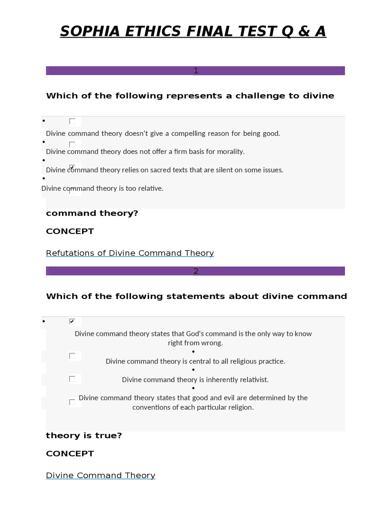 SOPHIA ETHICS FINAL TEST Q & A | Exams Nursing | Docsity