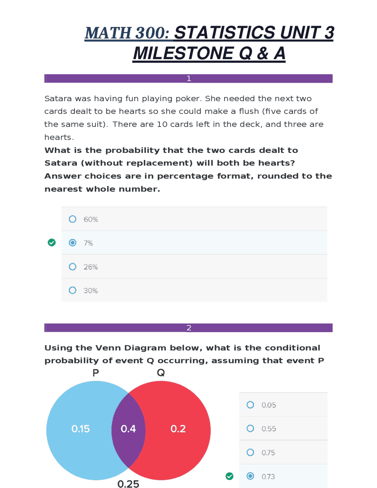 MATH 300: STATISTICS UNIT 3 MILESTONE Q & A | Exams Nursing | Docsity