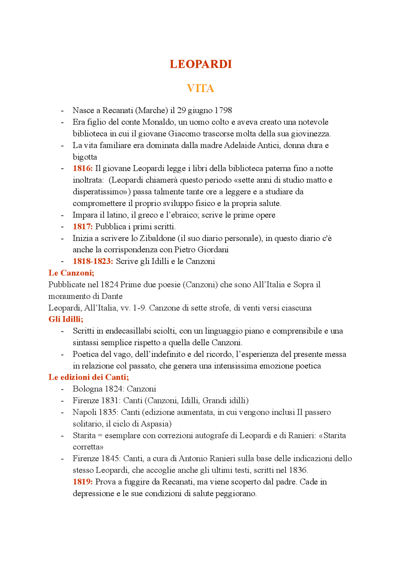 Appunti Leopardi E Opere Completi Docsity