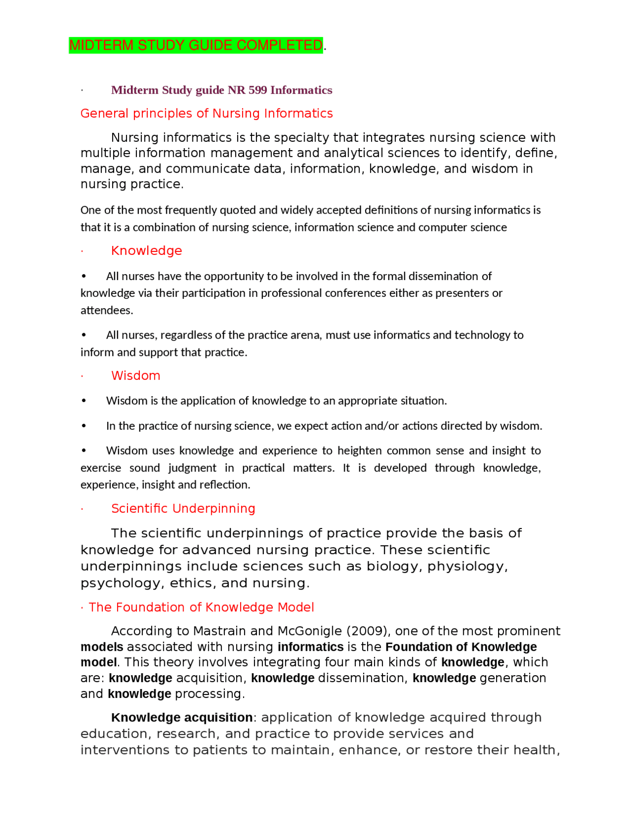 Nursing Informatics And Knowledge Management Exams Nursing Docsity
