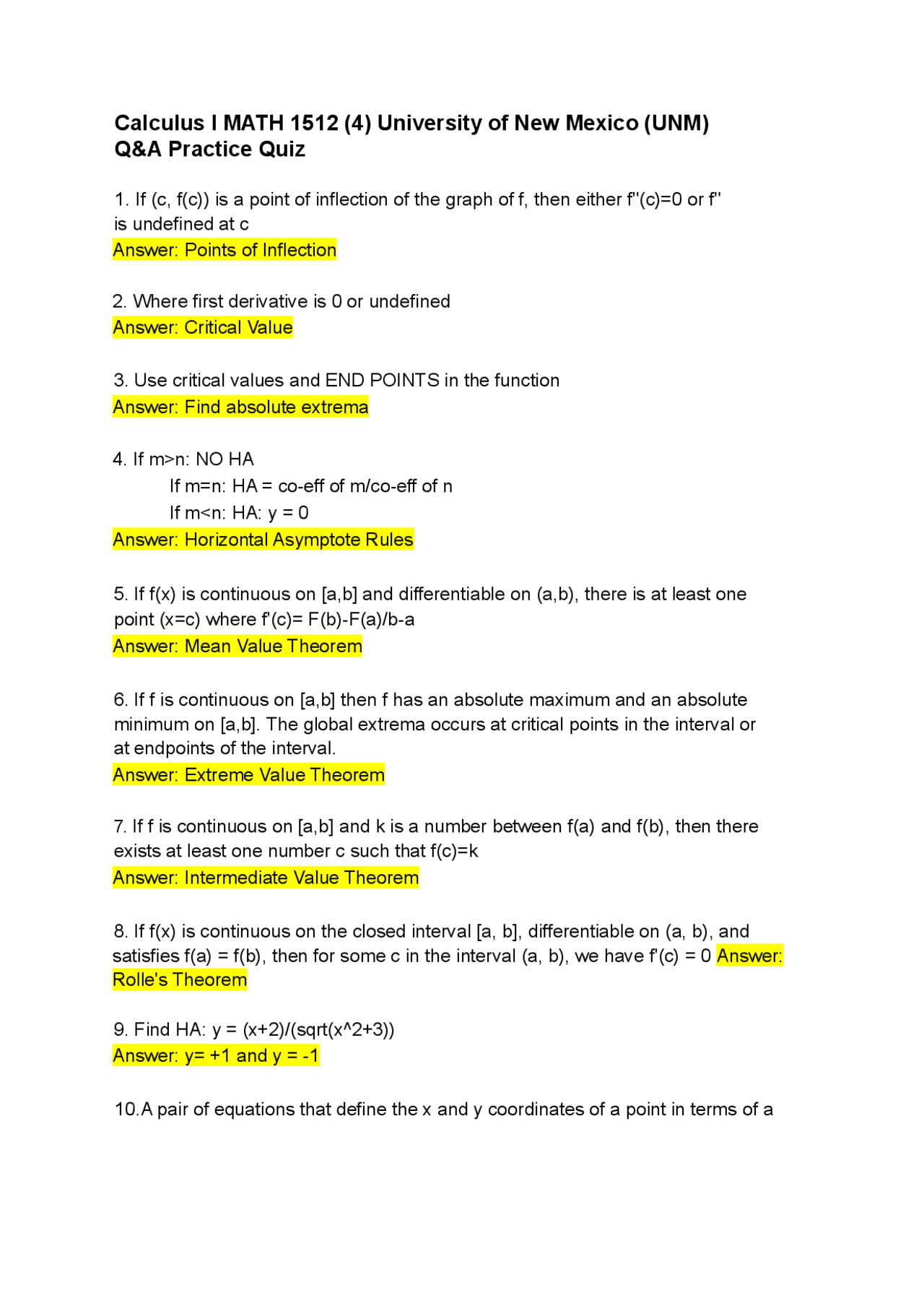 Math Practice Quiz Calculations Docsity