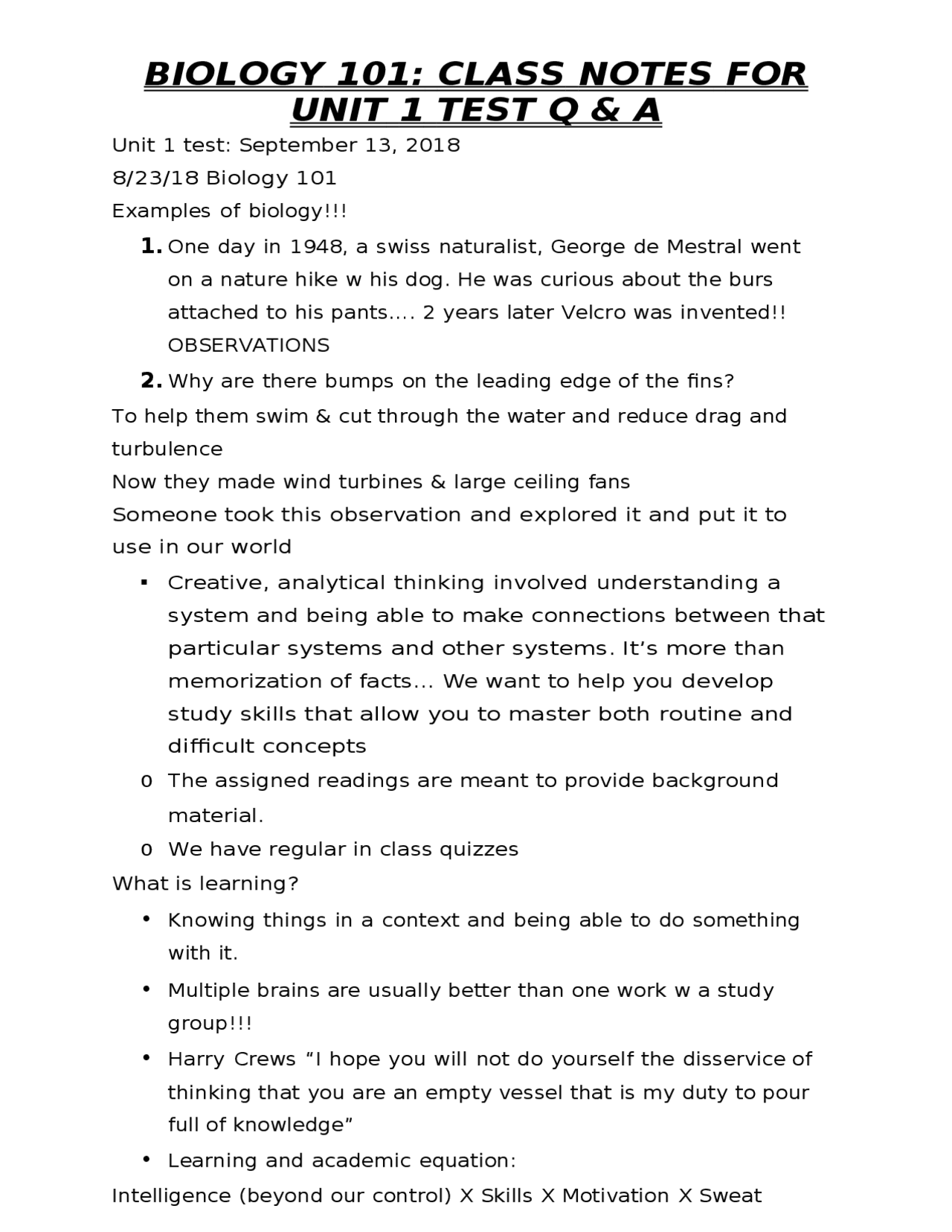 BIOLOGY 101: CLASS NOTES FOR UNIT 1 TEST Q & A - Docsity