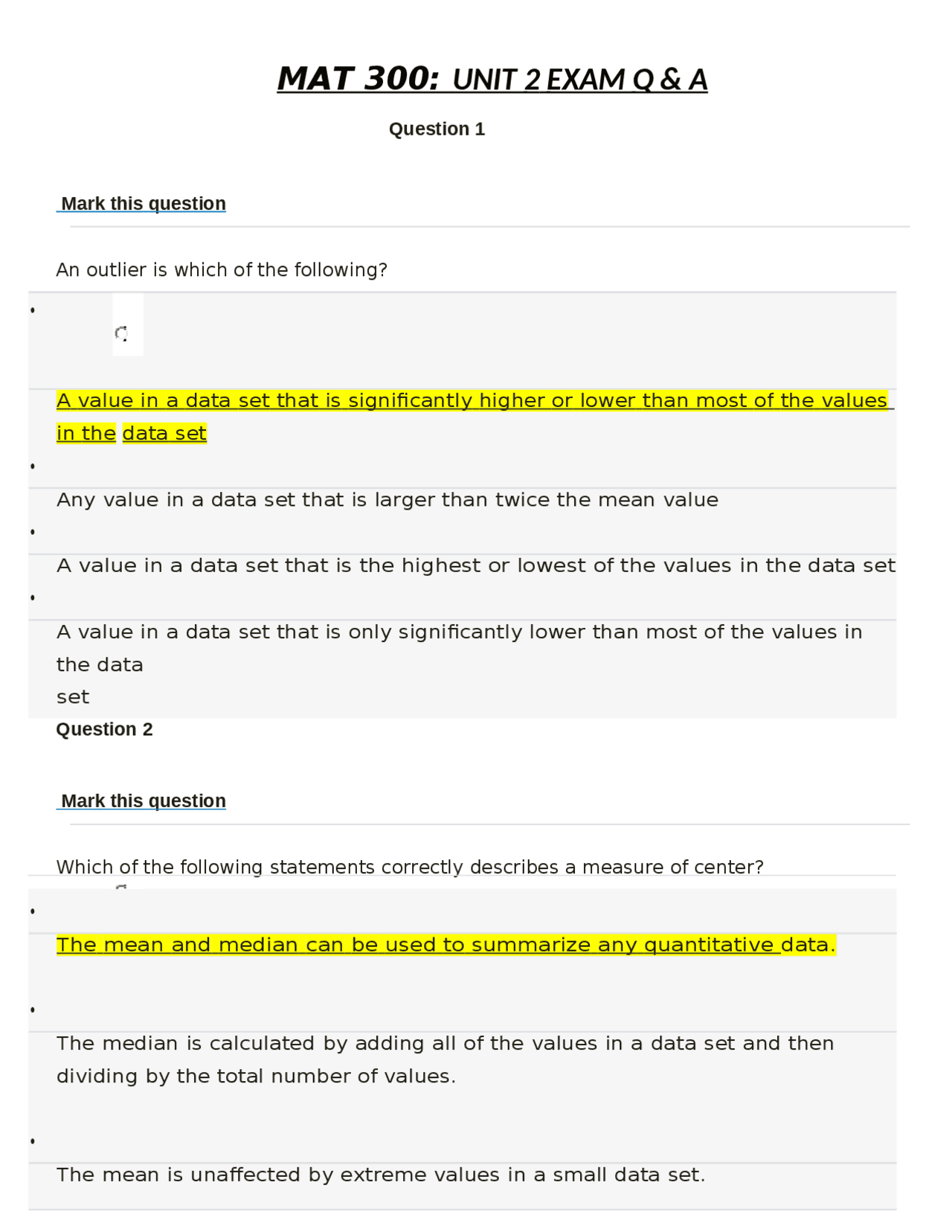 MAT 300: UNIT 2 EXAM Q & A - Docsity