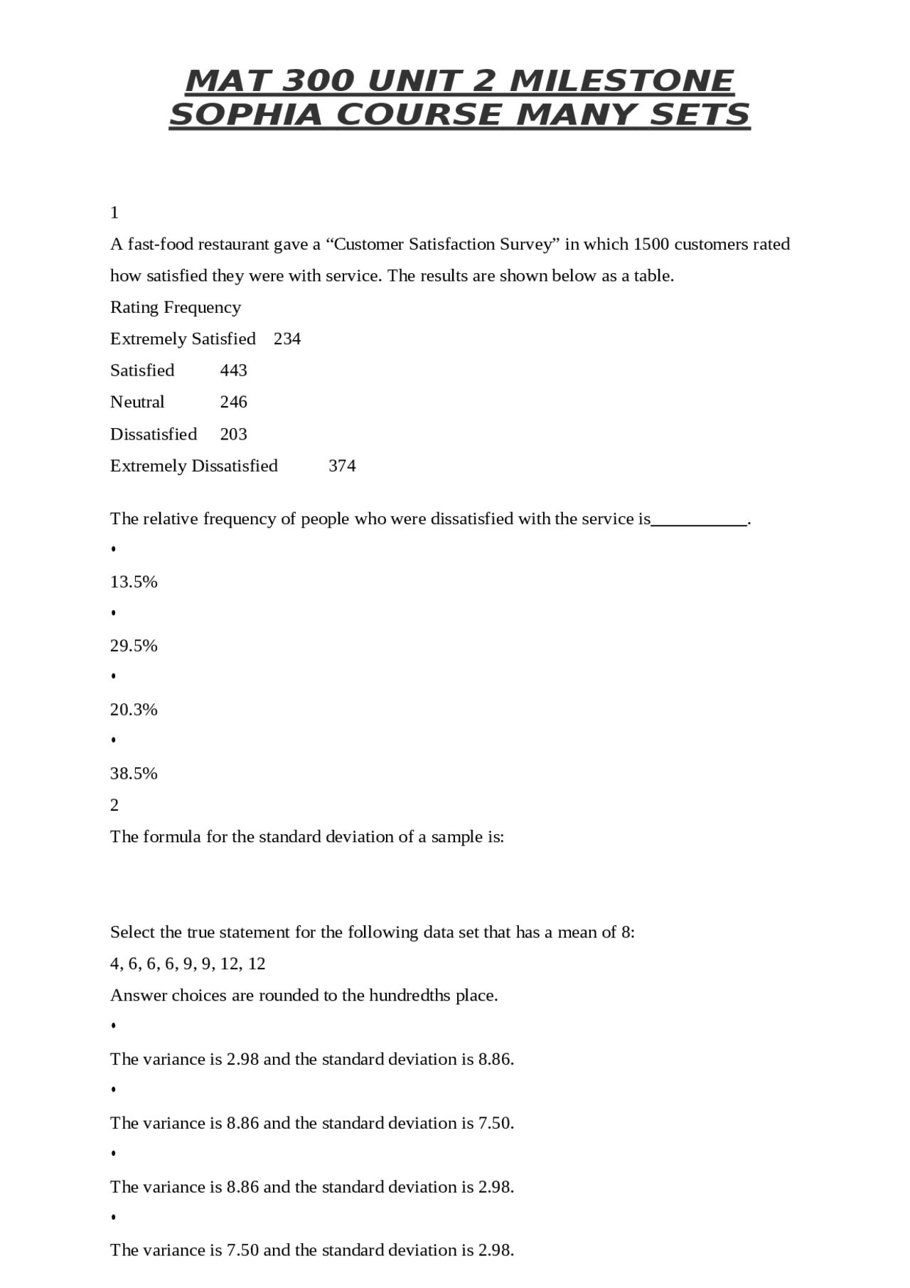 MAT 300 UNIT 2 MILESTONE SOPHIA COURSE MANY SETS - Docsity