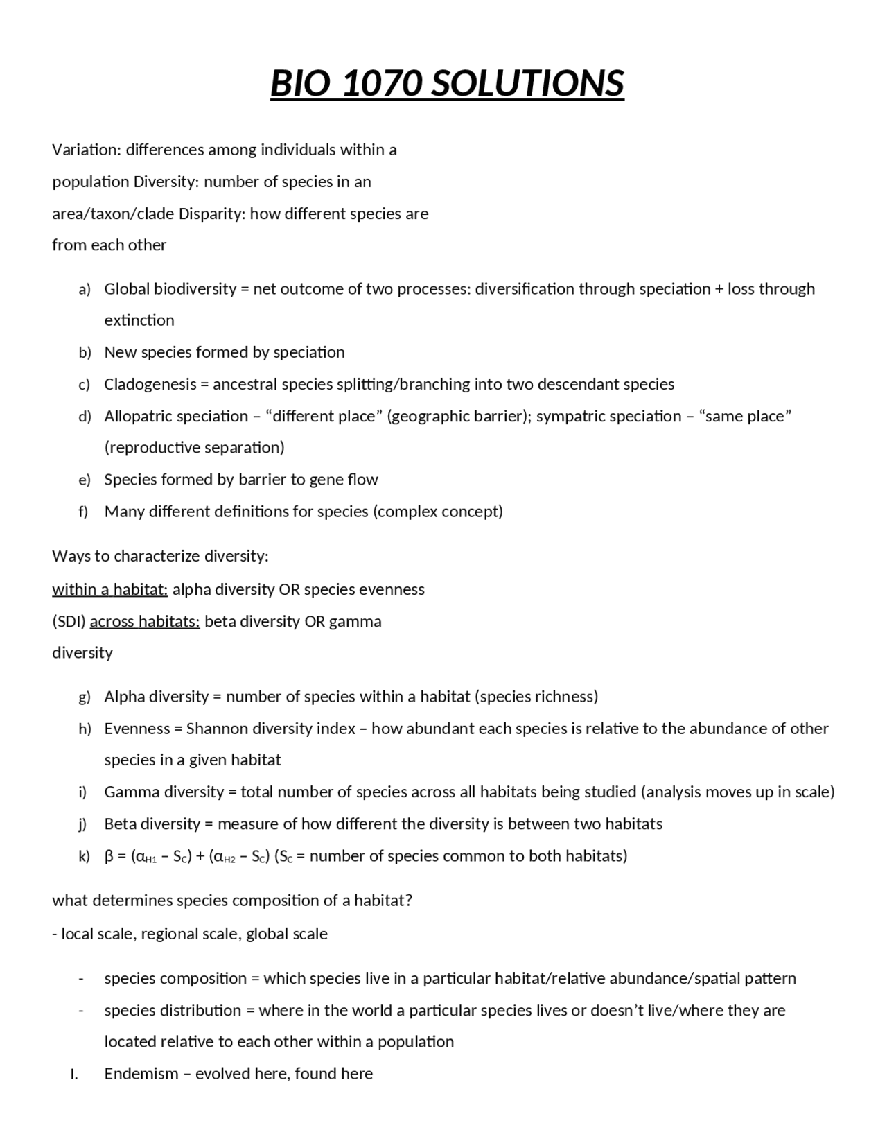BIO 1070 SOLUTIONS 100% correct | Exams Nursing | Docsity