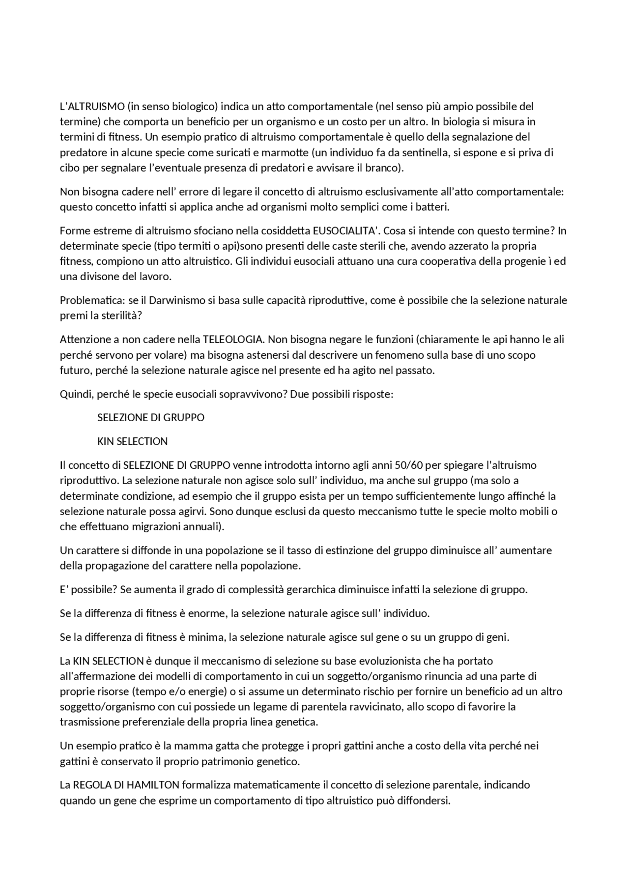 Egoismo Bioevo Riassunto Semplice Docsity
