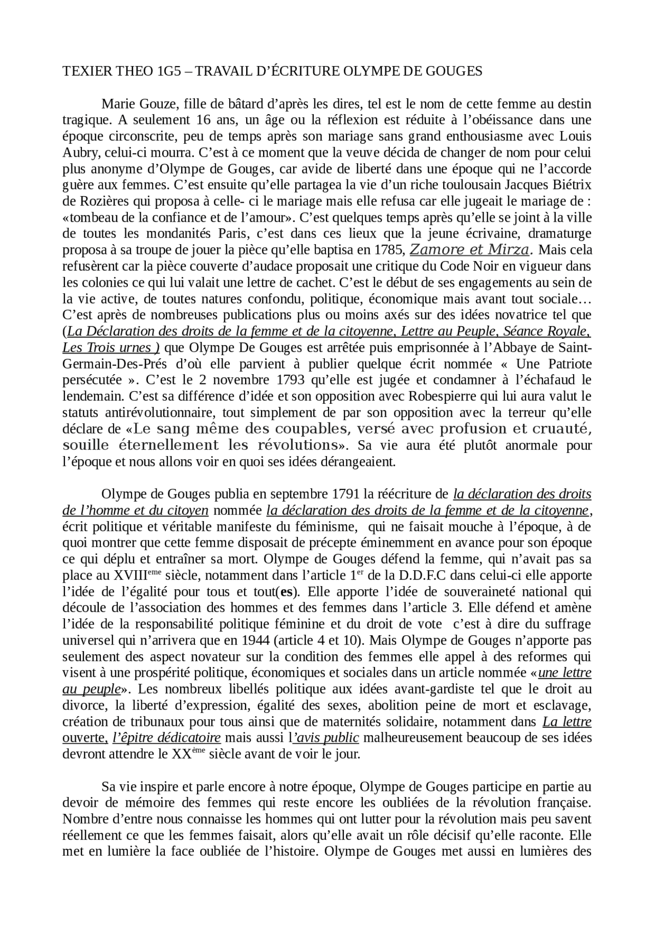 Notice biographique Olympe de Gouges | Transcriptions Français | Docsity