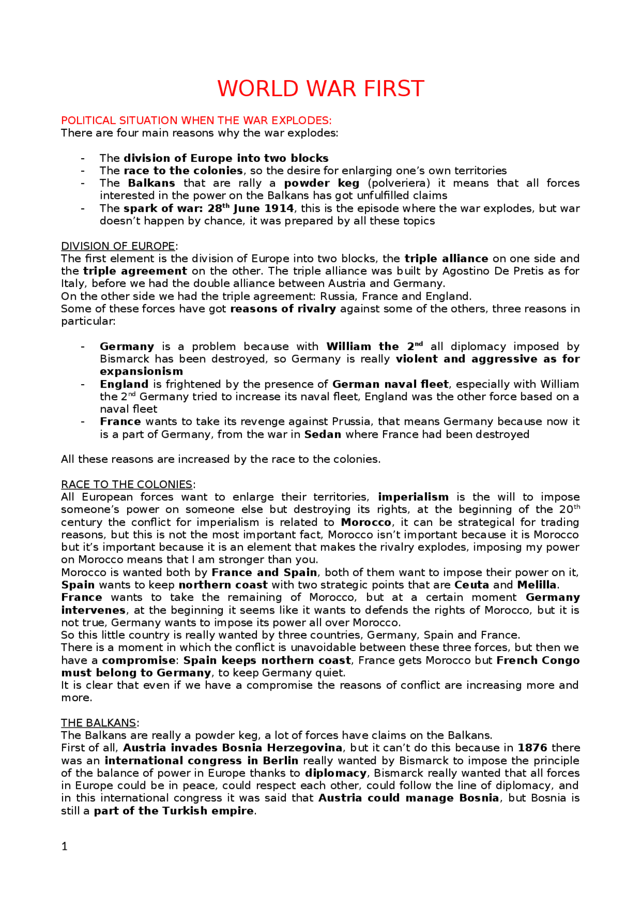 STORIA IN INGLESE: WORLD WAR FIRST - Docsity