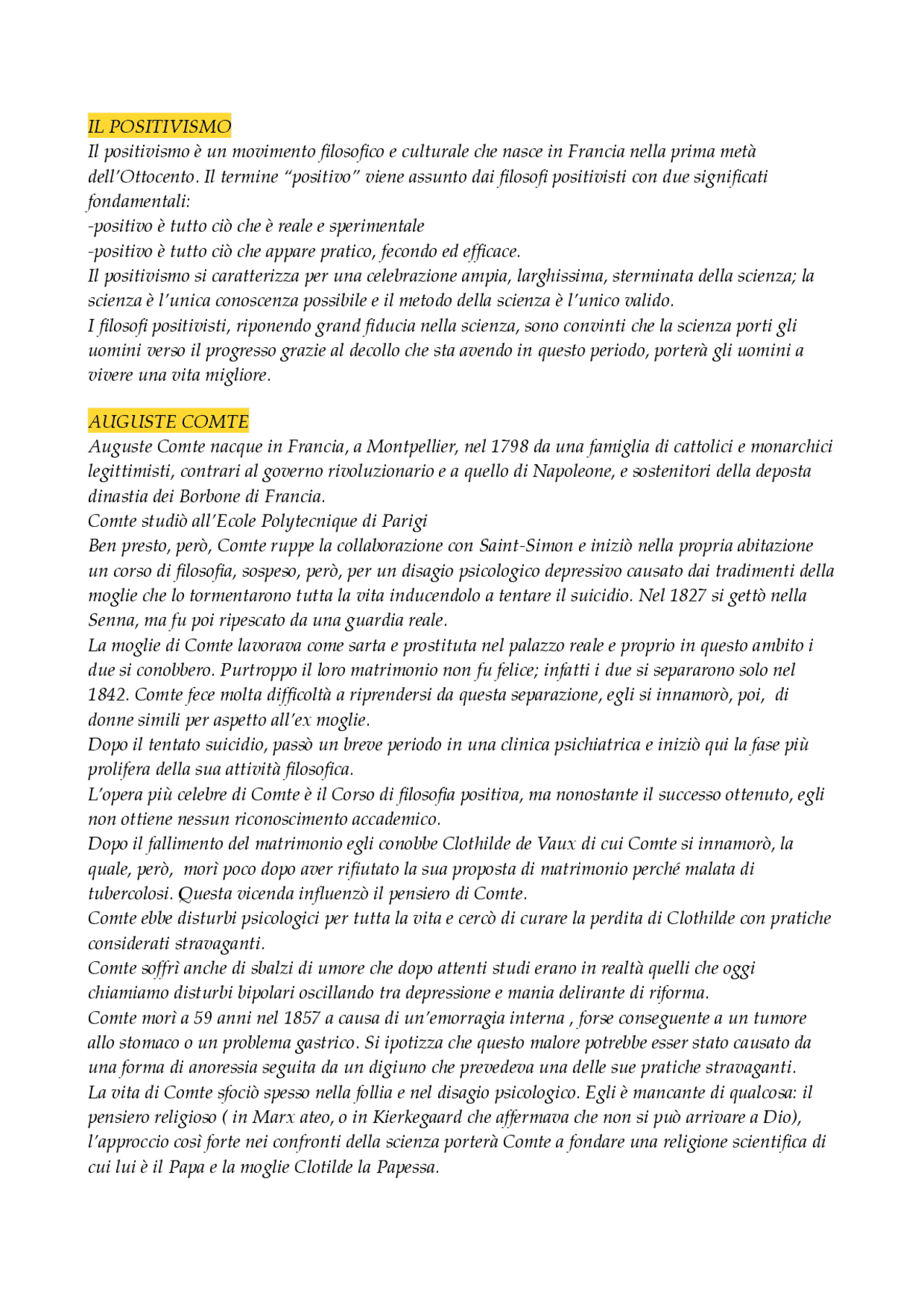 Positivismo E Auguste Comte Docsity