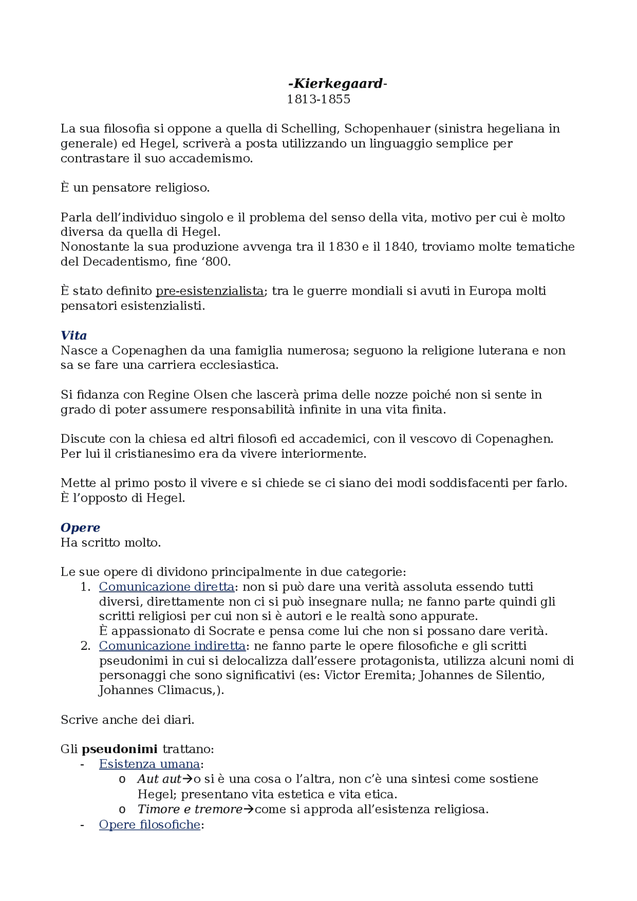 Kierkegaard Vita E Opere Docsity