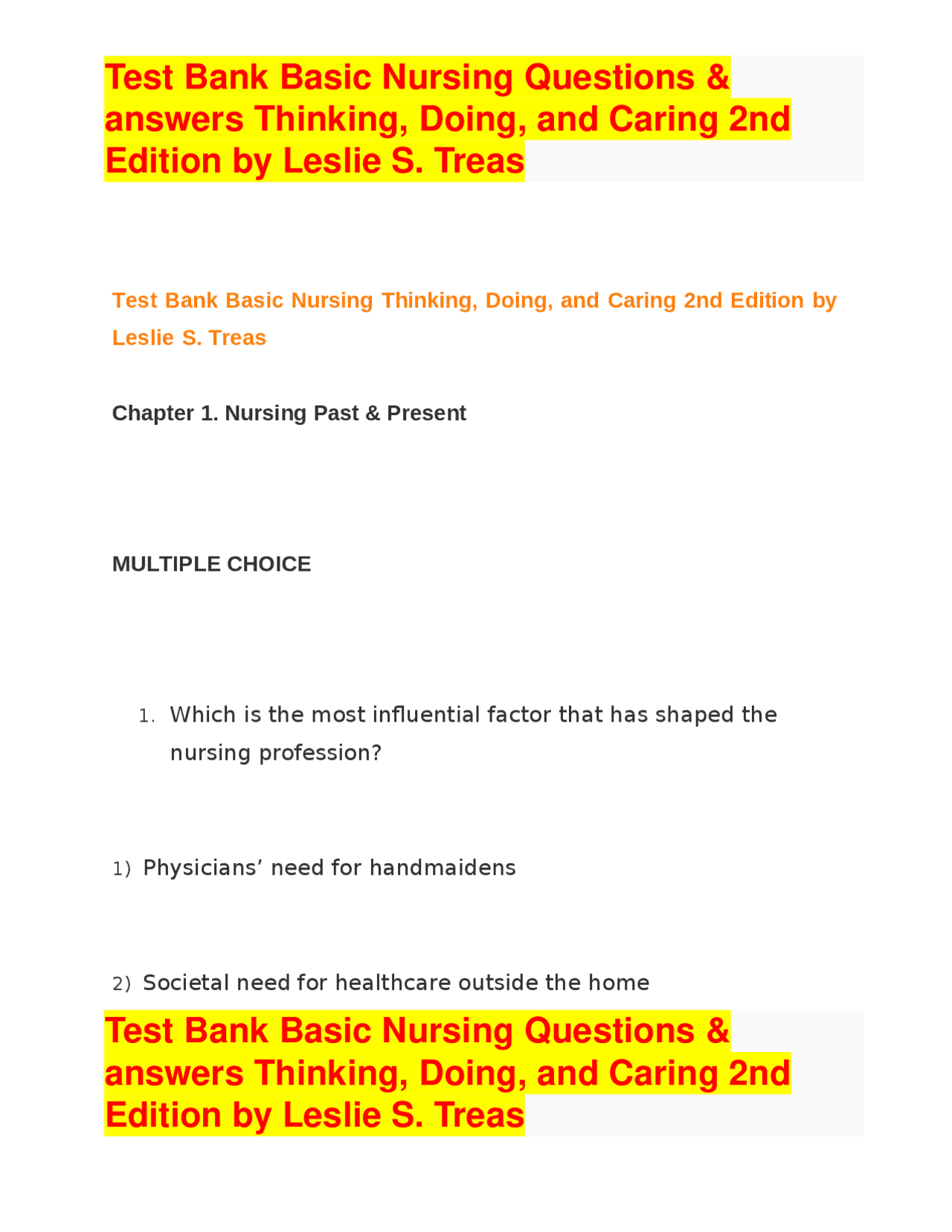 Test Bank Basic Nursing Questions & answers Thinking, Doing, and Caring ...