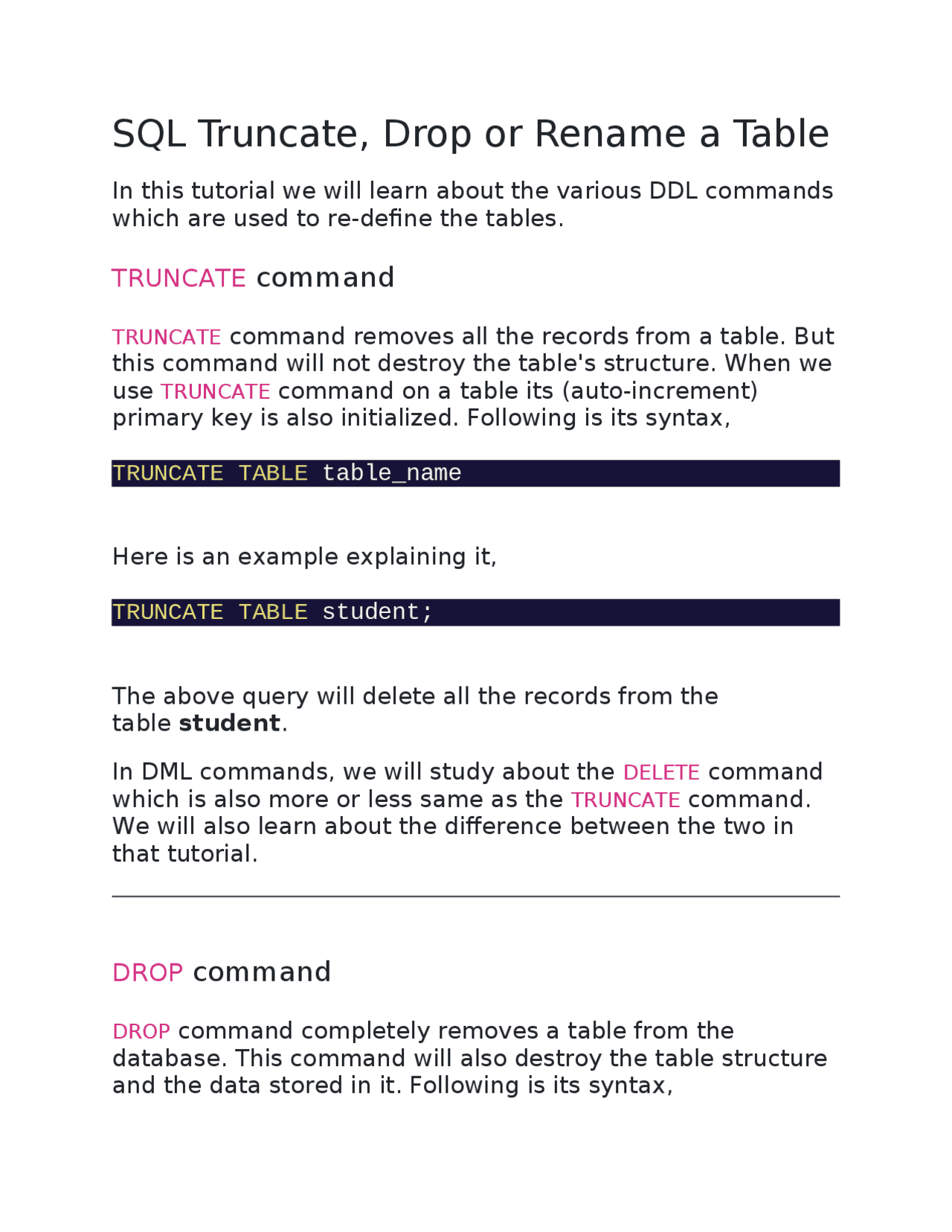 SQL Truncate, Drop or Rename a Table - Docsity
