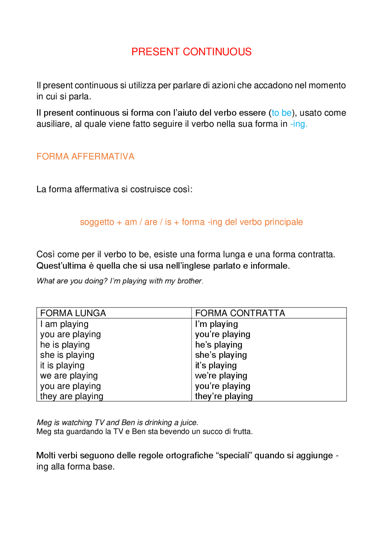 Il present continuous spiegazione ed esempi - Docsity