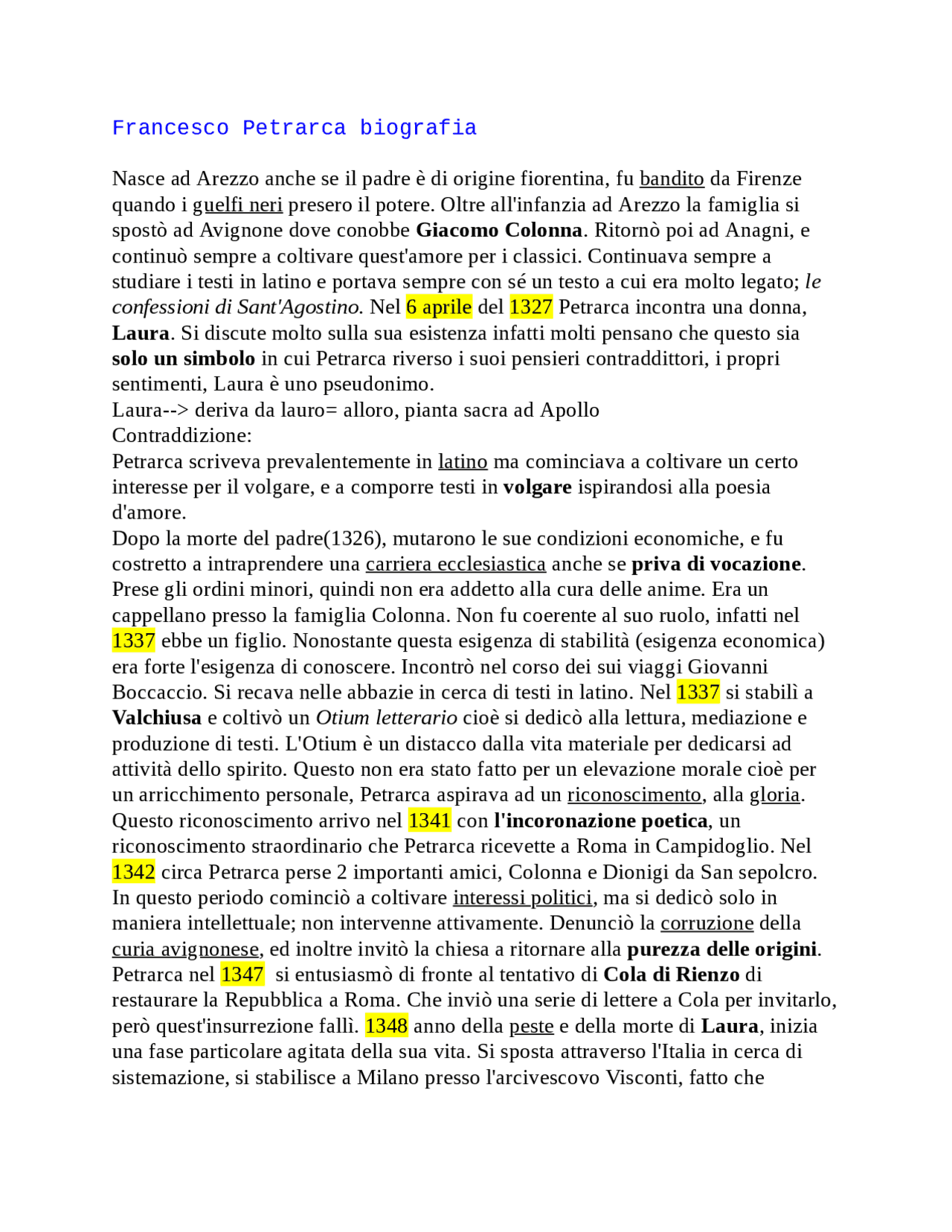 Petrarca biografia e alcune opere - Docsity