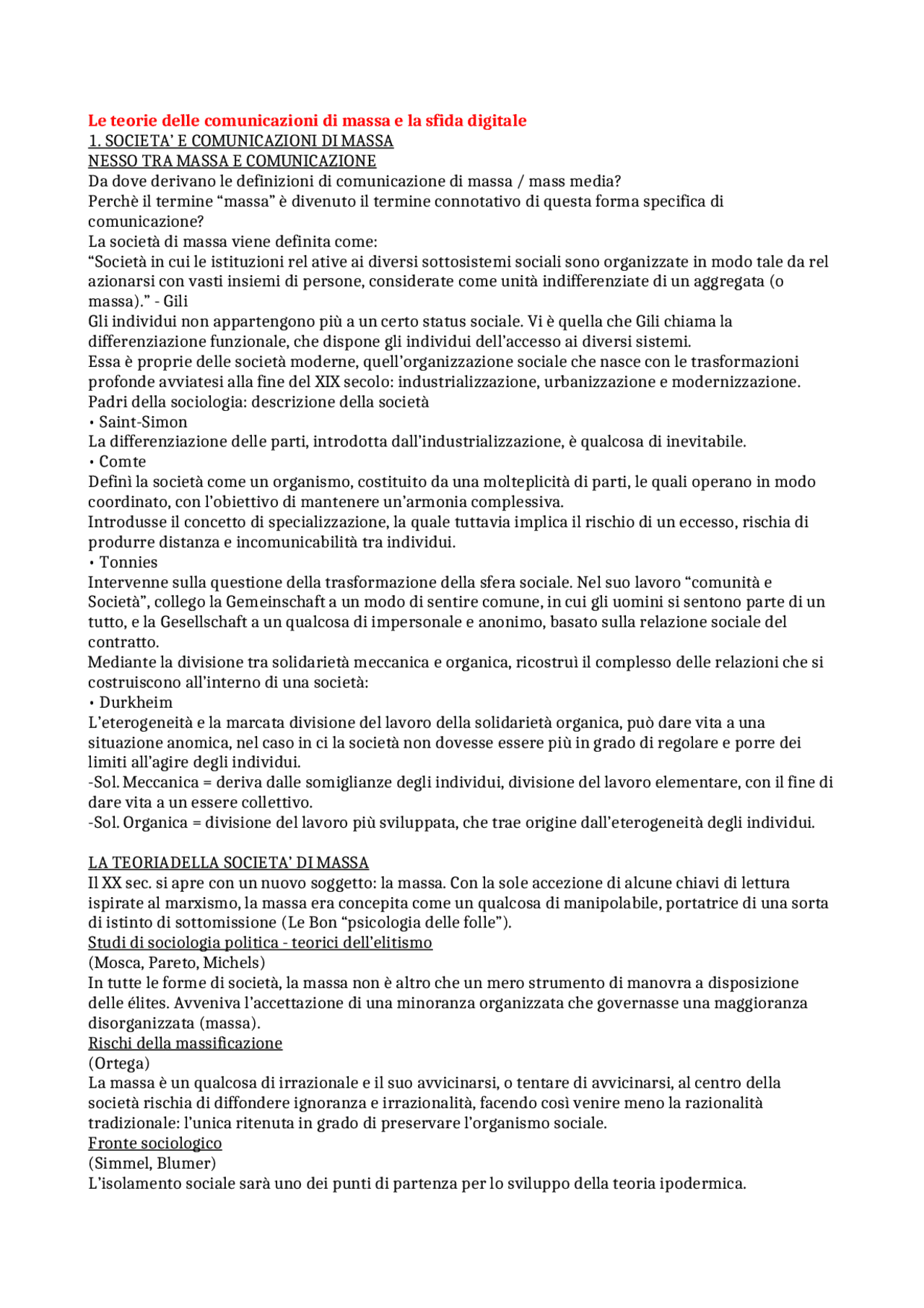 Teorie Della Comunicazione Di Massa E La Sfida Al Digitale Docsity