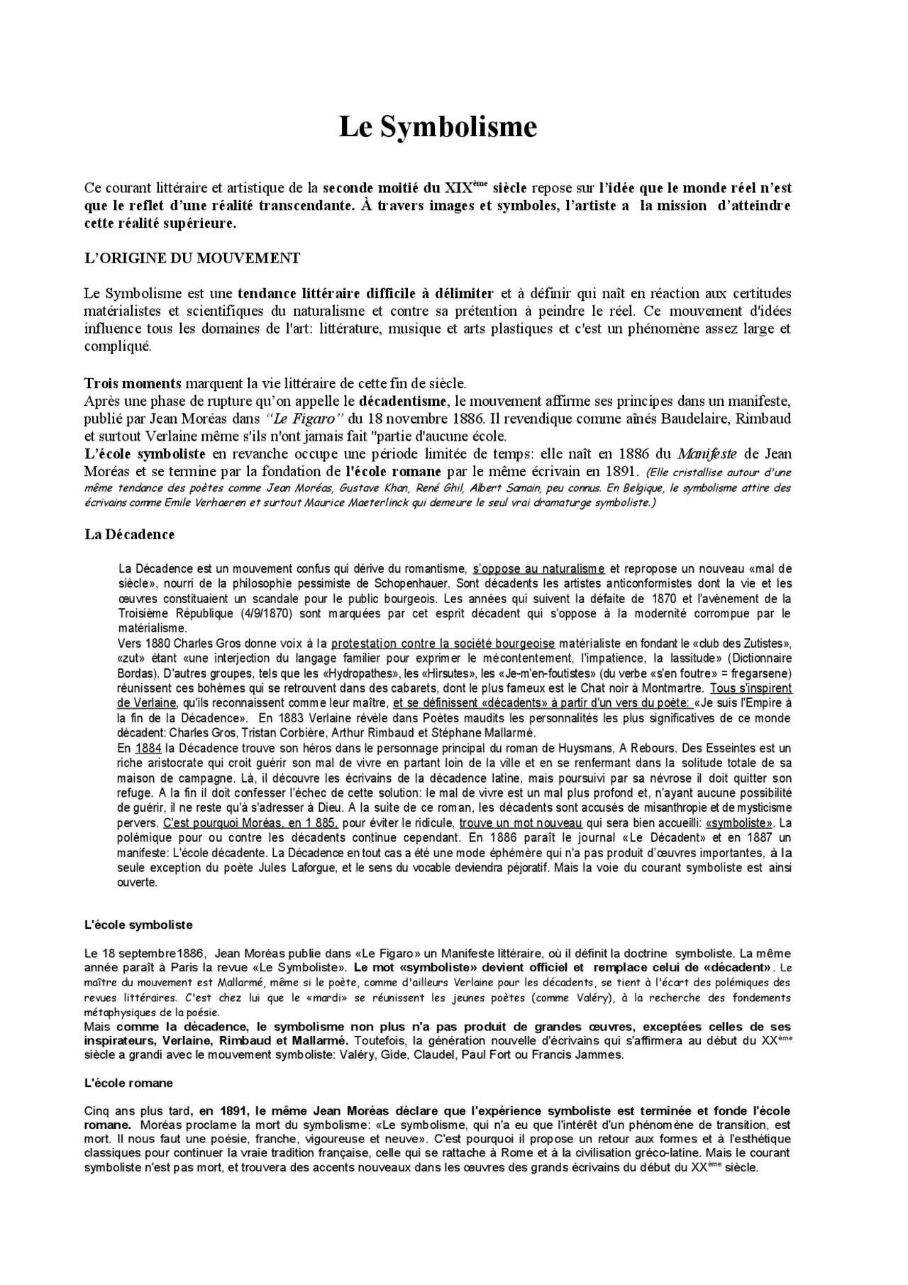 Sintesi Simbolismo In Francese Docsity