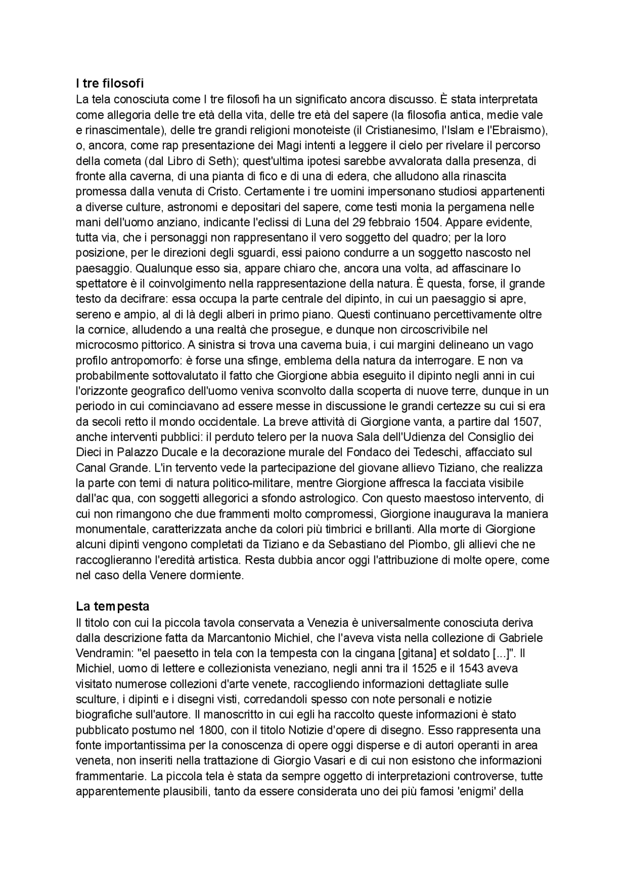 Opere "I tre filosofi" e "La tempesta" - Docsity