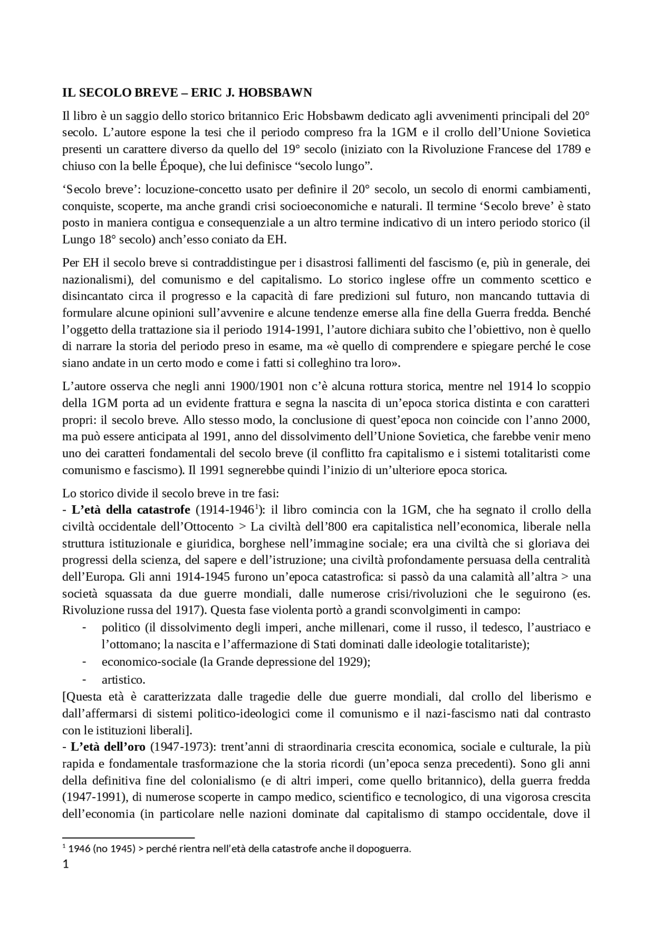 Il Secolo Breve Di Eric J Hobsbawn Docsity