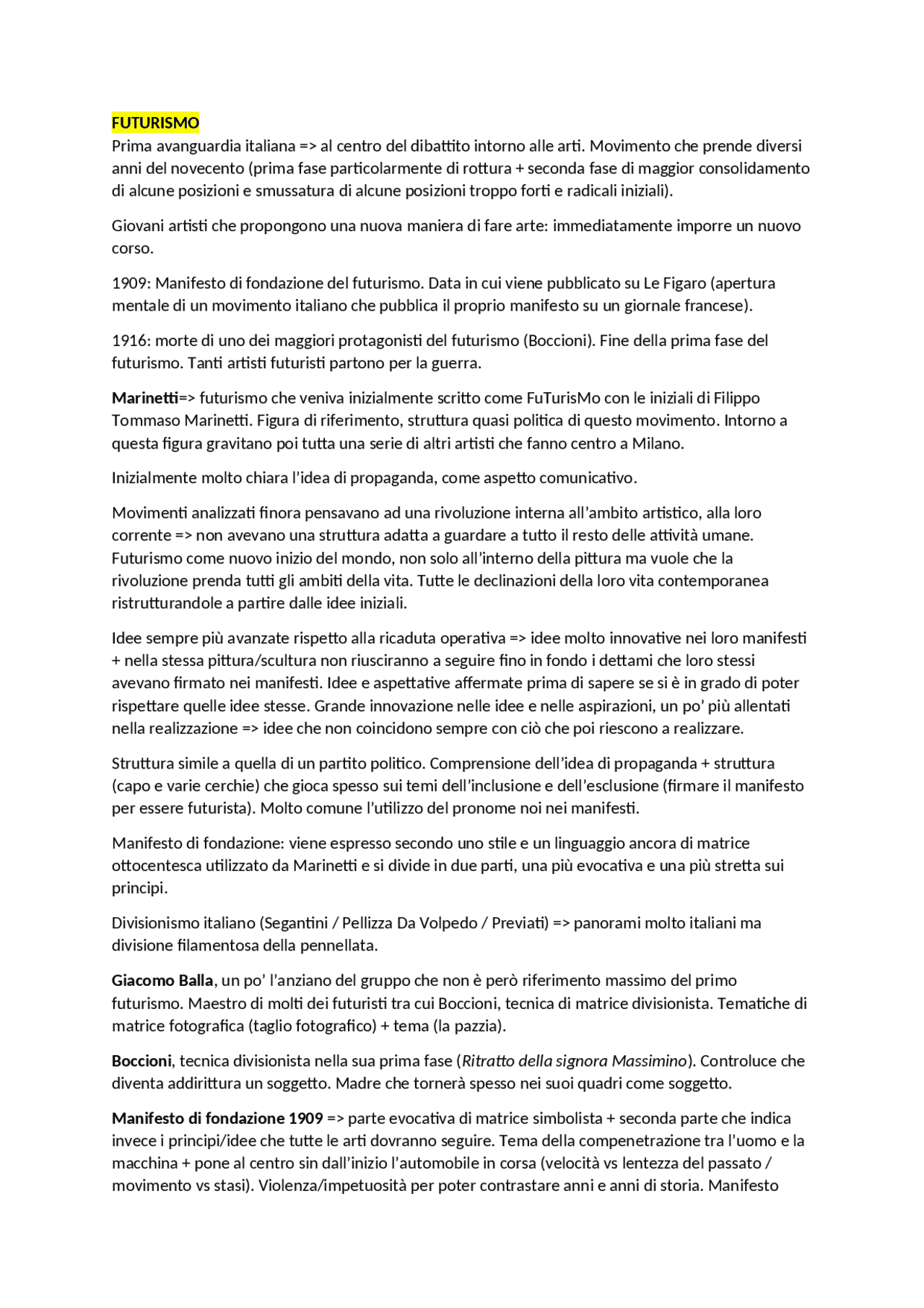 Appunti Sul Futurismo Docsity