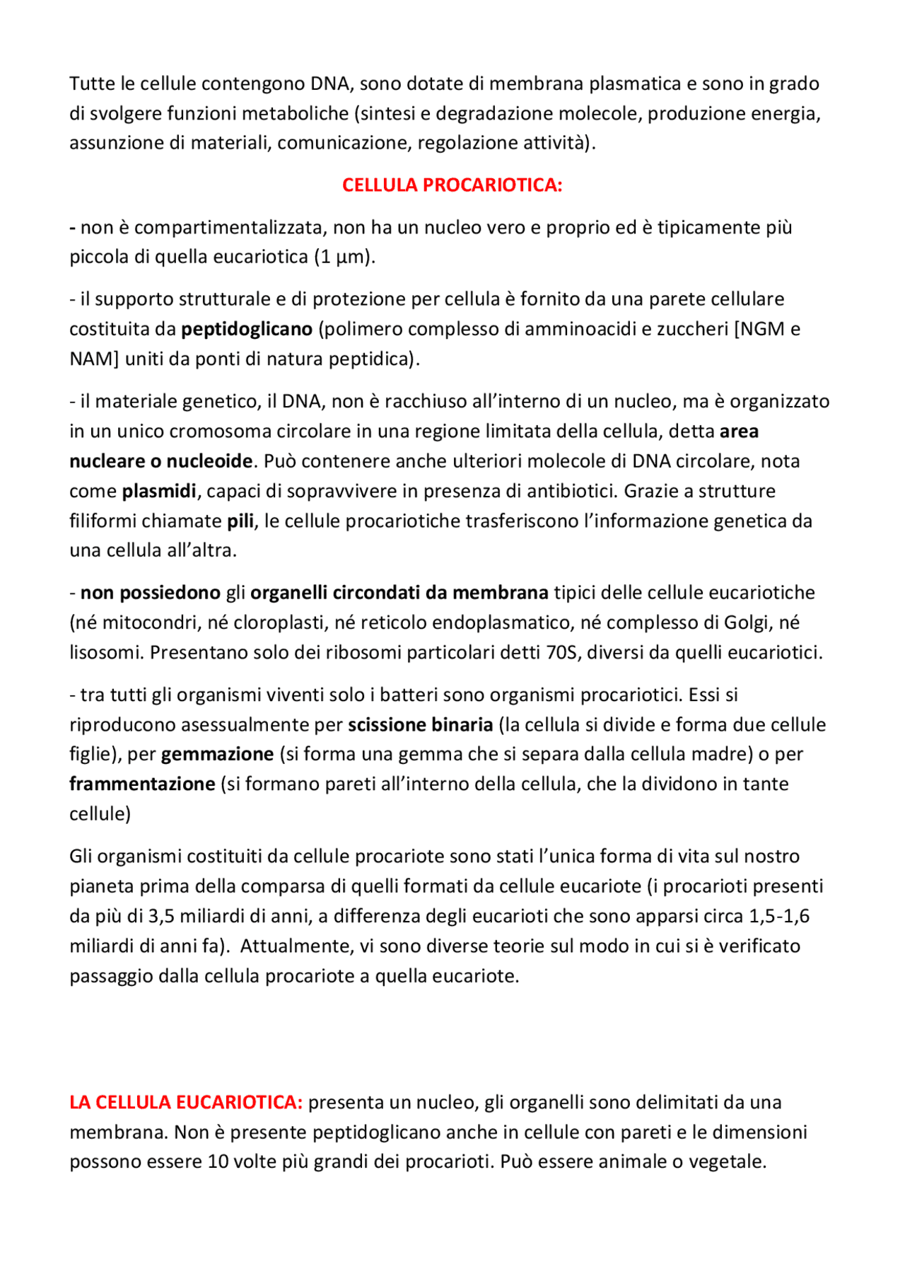 La cellula procariote ed eucariote - Docsity