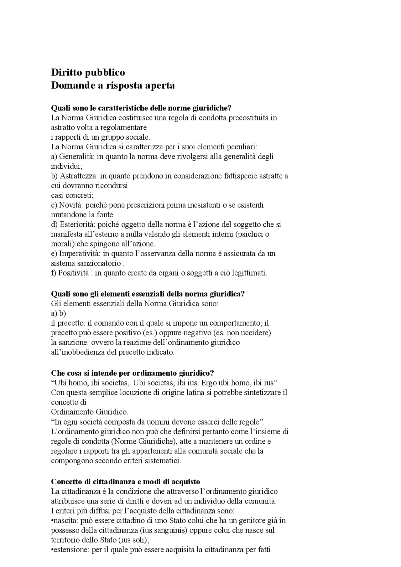 Diritto pubblico risposte aperte | Panieri di Diritto Pubblico | Docsity